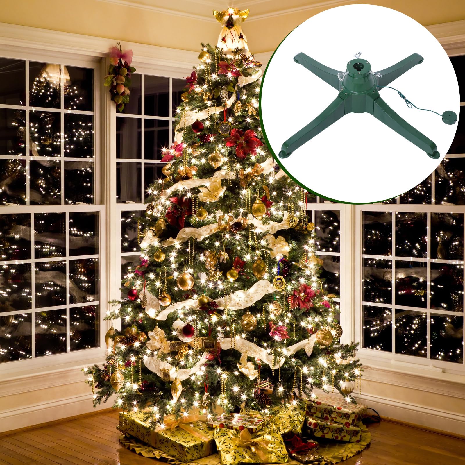 Xuhal 360 Degree Rotating Christmas Tree Stand Artificial Christmas Tree Stand Revolving Tree Spinner Stand Green Xmas Tree Base with Power Supply Adapter (25.98'', for Up to 7.5ft and 80 Pounds Tree)