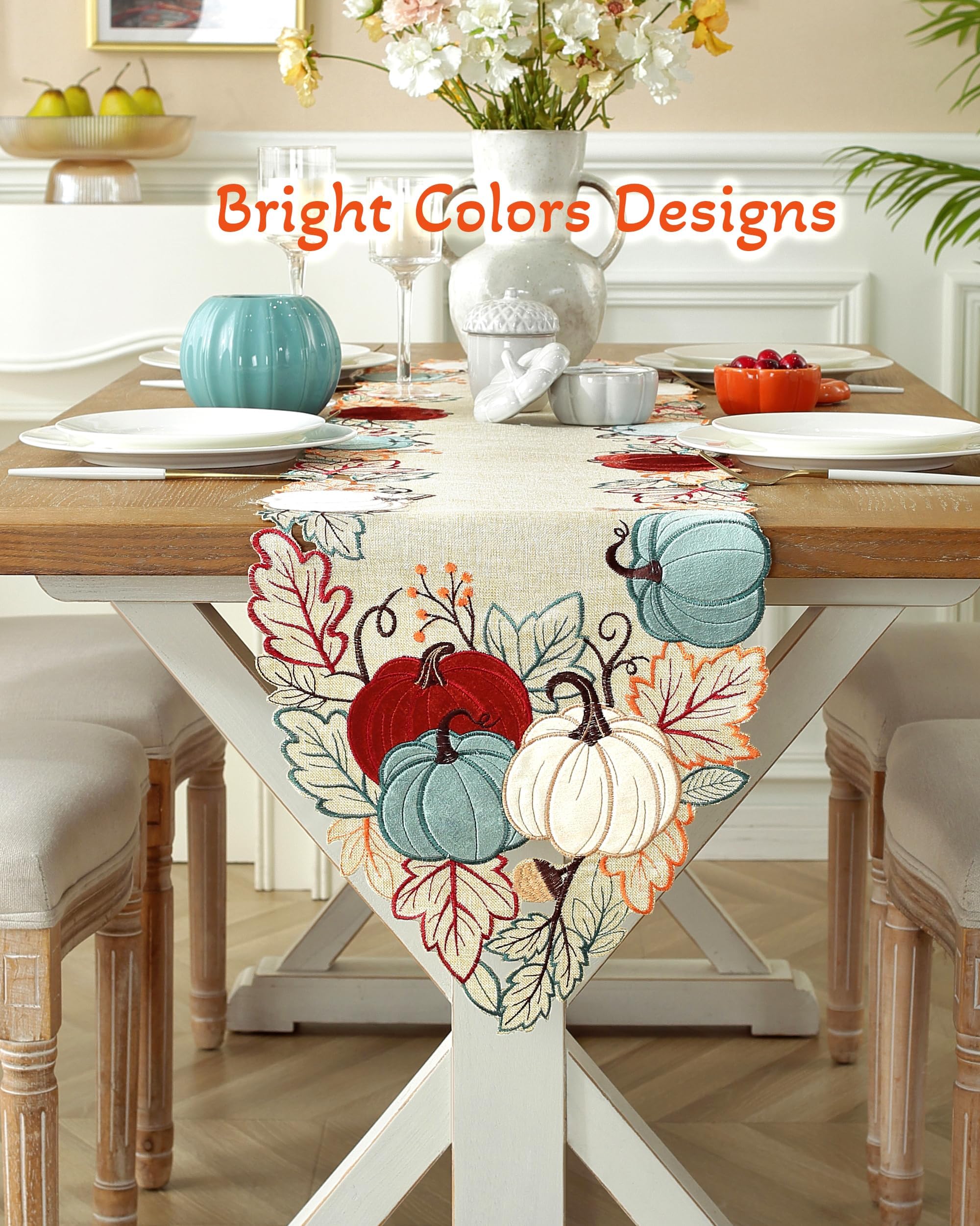 Thanksgiving Table Runner Fall Decorations for Home Fall Table Runner with Embroidered Velvet Pumpkins Maple Leaf. Halloween/ Christmas Table Decorations for Kitchen Dining Harvest Party Decor