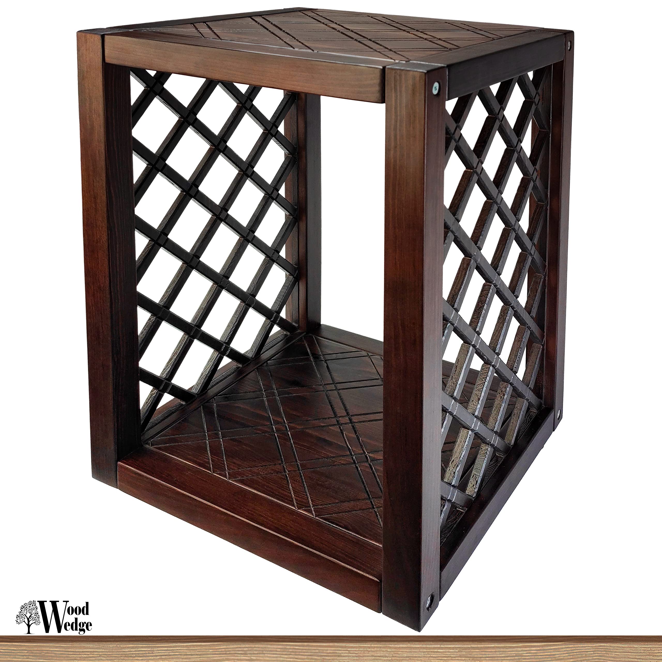 Wood Wedge Rustic End Table with Lattice, Small Table, Living room decor, Night Table for Bedroom, Side Table for Couch, Sofa with Storage shelves, Entryway Table, Brown, ash, 15.7''