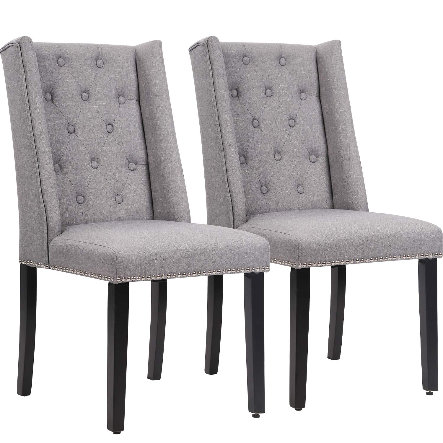 Vnewone Wooden Armless Accent Solid Wood Legs Button Tufted Parsons Diner Chair Upholstered Fabric Nailhead Trim for Restaurant Home Kitchen Living Room, Set of 2, Grey