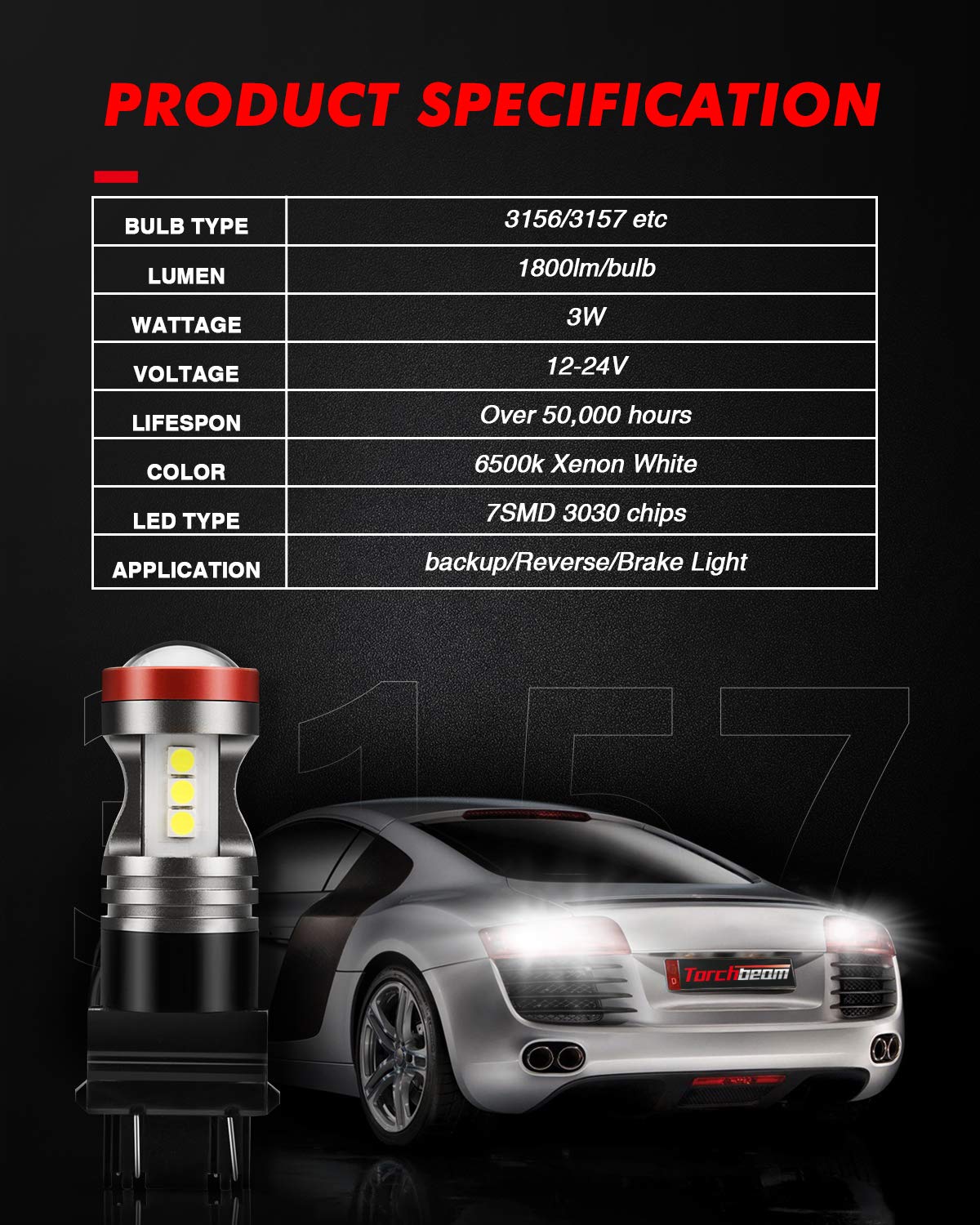 Torchbeam 3157 LED Light Bulbs 3600 Lumens with Projector Error-free For Reverse Back Up Lights DRL Brake Lights Fit 3156 3057 3056 4157 6500K Xenon White(Pack of 2)