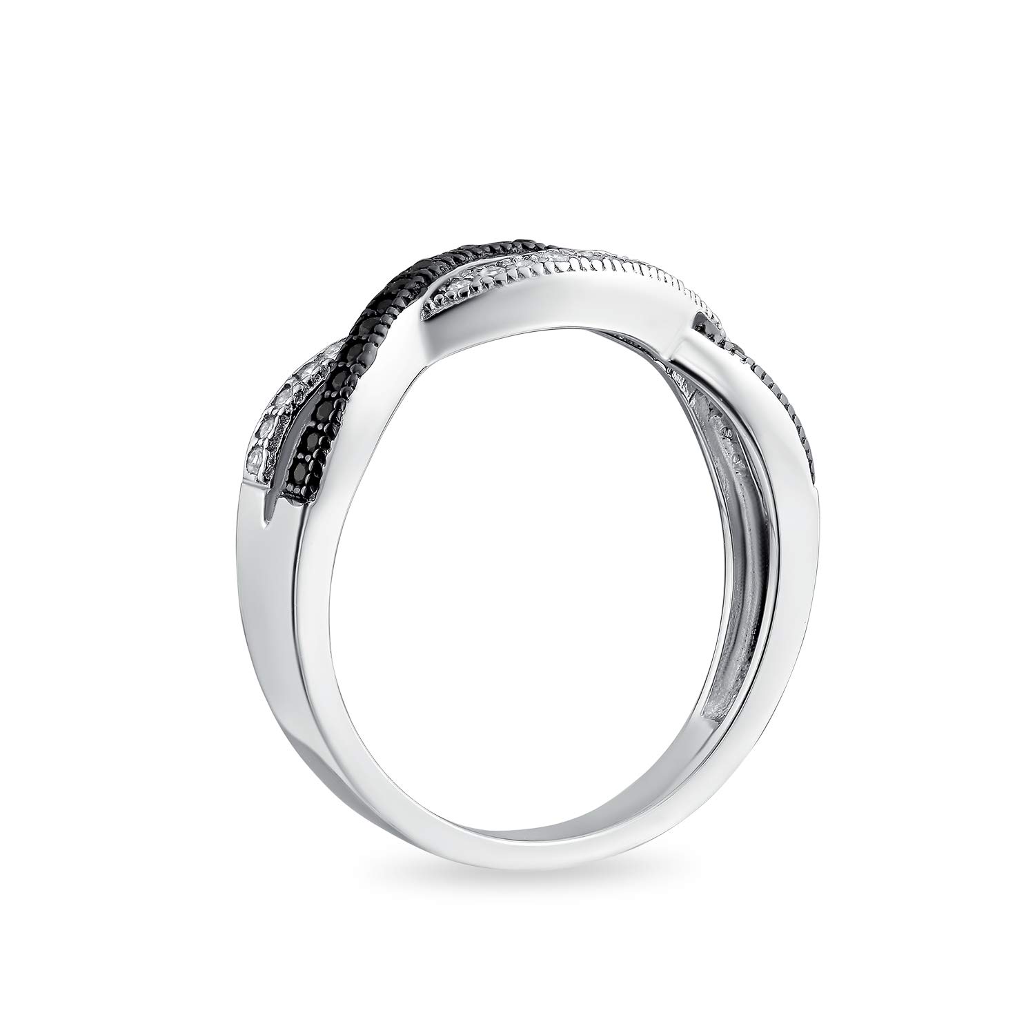 Two Tone Intertwined Twist Knot 1/2 Eternity Black & White Pave Cubic Zirconia CZ Infinity Band Ring For Women Girlfriend .925 Sterling Silver
