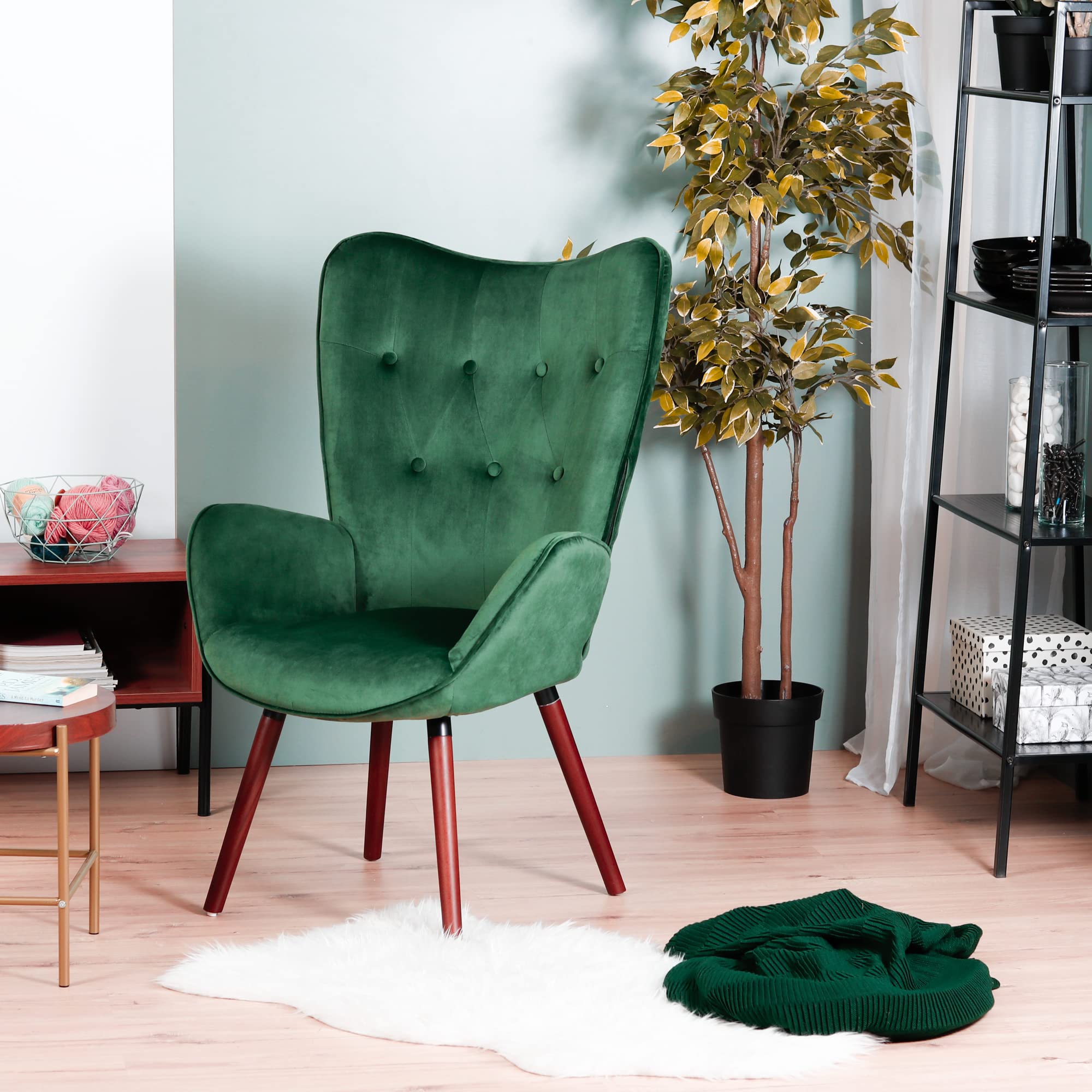 Velvet Accent Chair, Upholstered High Backrest Arm Chair with Modern Button-Tufted Wingback and Solid Wood Legs for Living Room Bedroom Lounge, Dark Green