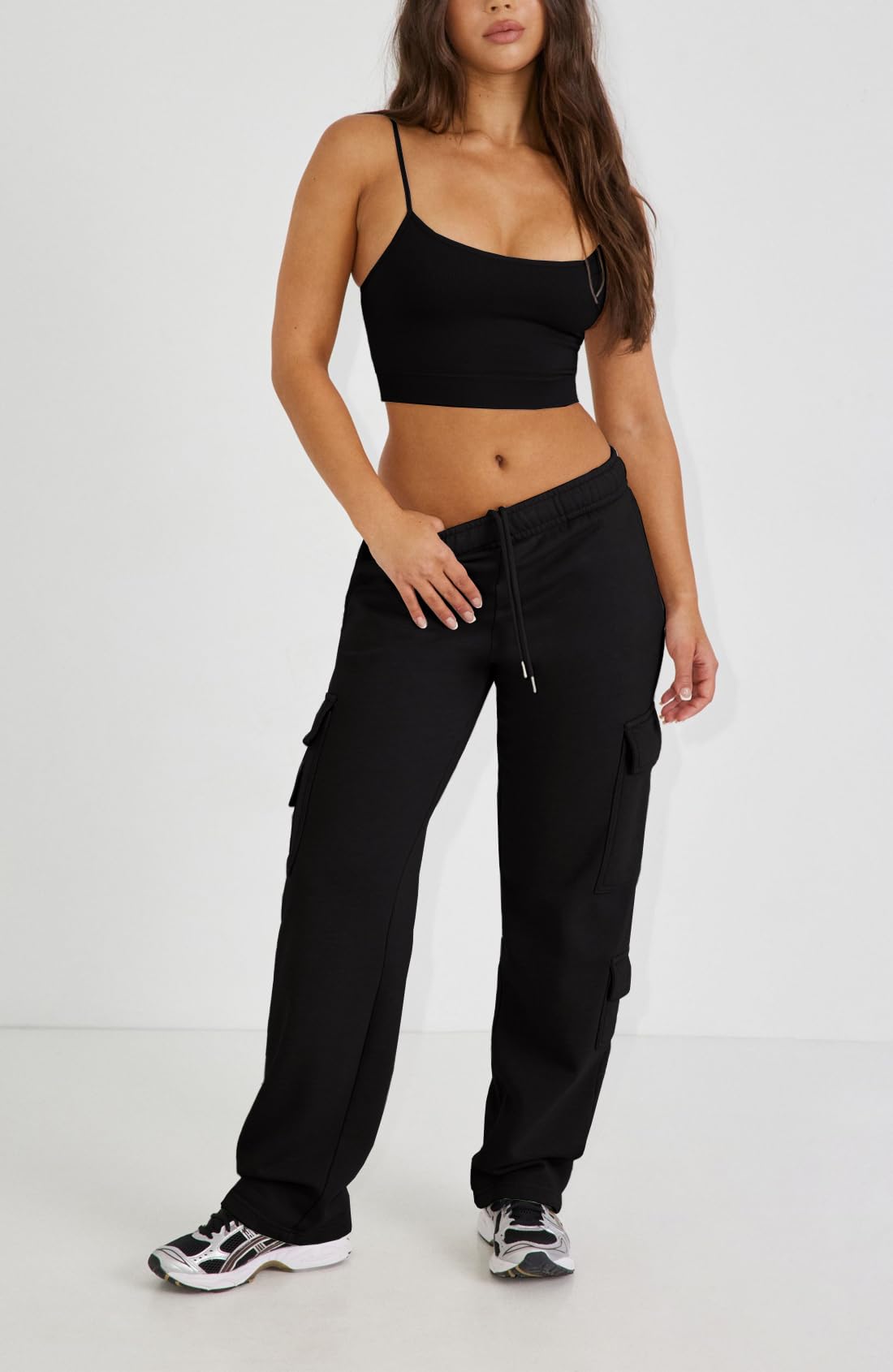 Waitfairy Womens Cargo Sweatpants Casual Baggy High Waisted Joggers Pants Fleece Sweat Pants with Pocket Black M