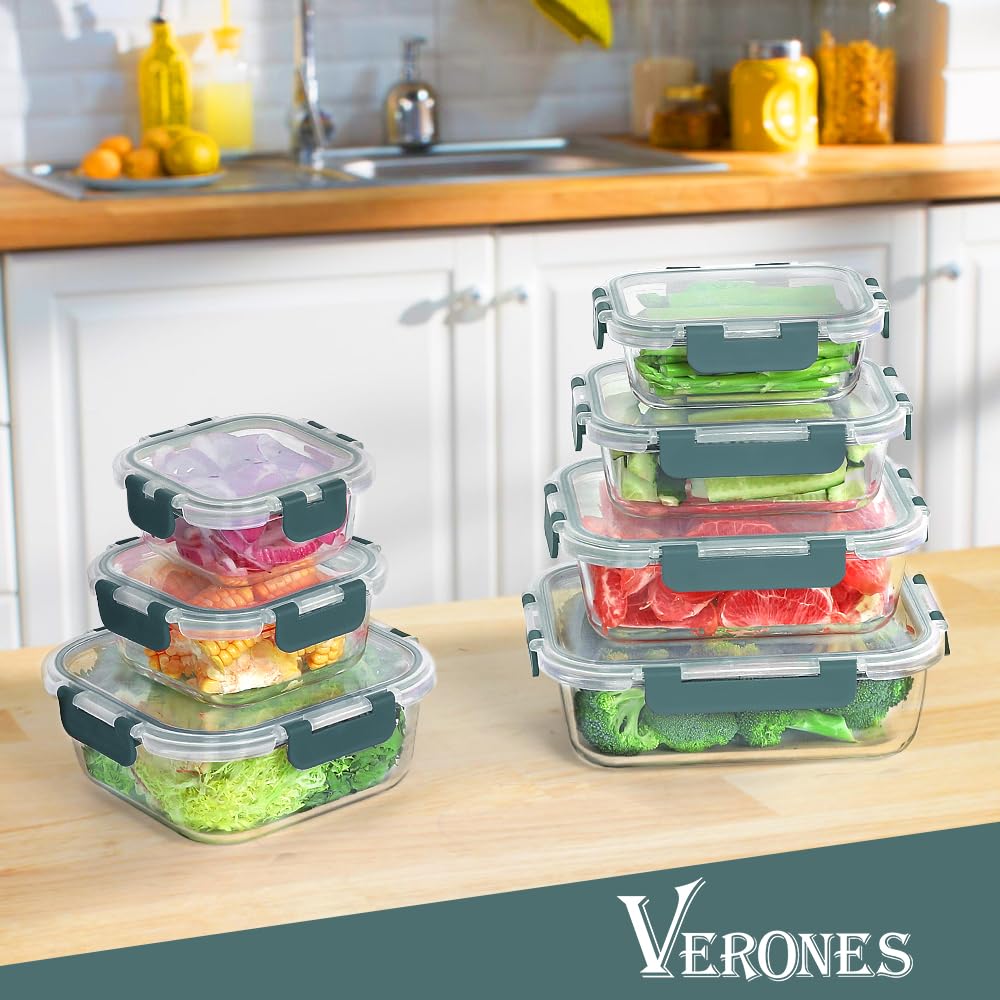 VERONES 30 Pieces Glass Meal Prep Containers Set, Airtight Glass Lunch Containers, Stackable Glass Food Storage Containers with Lids, for Microwave, Oven, Freezer & Dishwasher Friendly,Gray