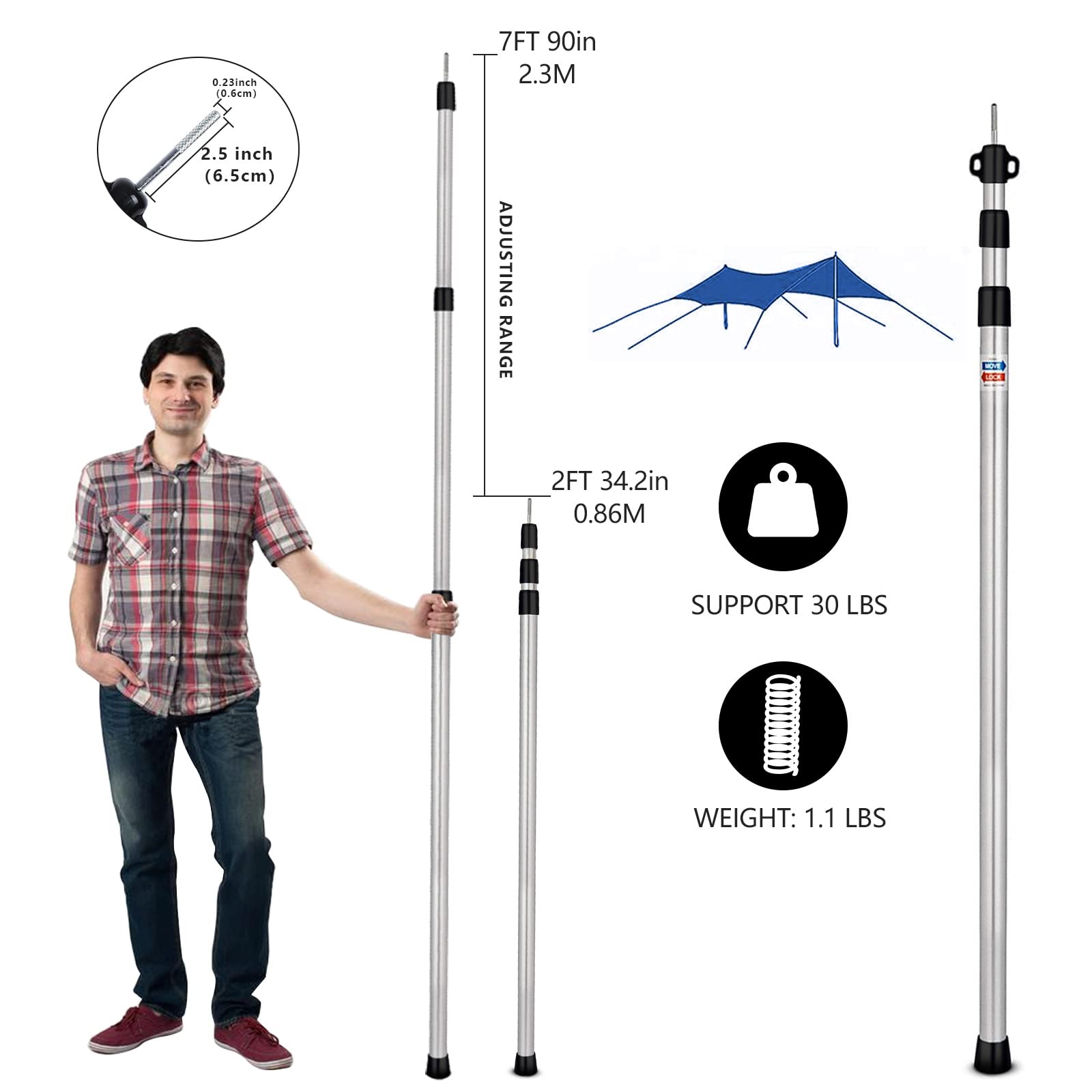 Weanas Tarp Poles Adjustable Heavy Duty, Set of 2 Aluminum Tarp Poles Telescoping Collapsible Lightweight Tent Tarp Poles for Camping Awning Backpacking