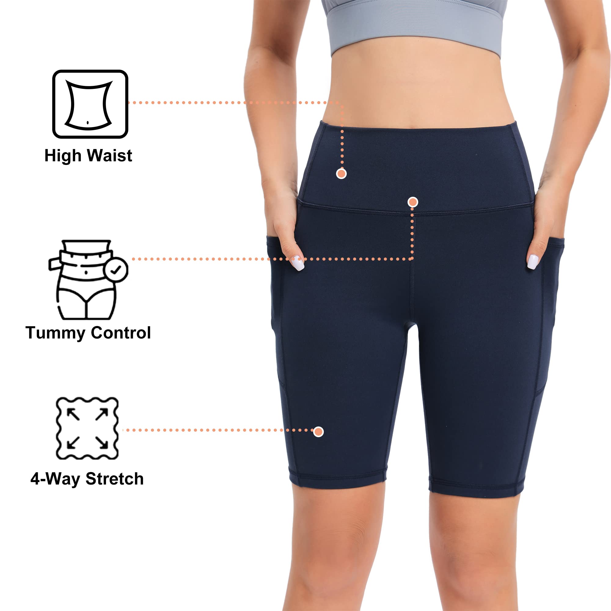 Zelack High Waisted Biker Shorts for Women Workout Tummy Control Shorts with Pockets Yoga Running Shorts,Navy Blue,M