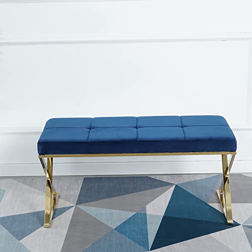 Velvet Upholstered Bench,Stainless steelMetal Frame (Blue)