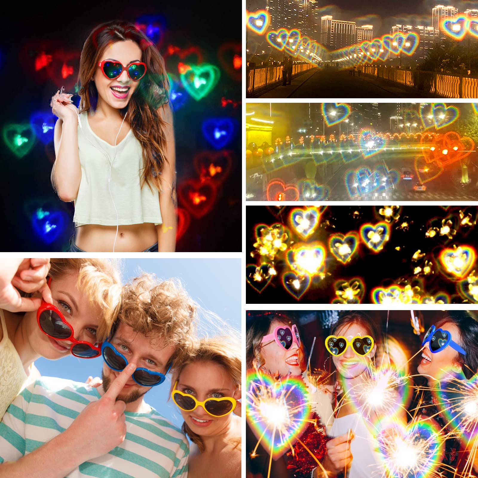 YQVIE Heart Shaped Sunglasses with Heart Effect for Women Light Changing Heart Effect Diffraction Glasses for Party Supplies (Black/White/Red/Pink)