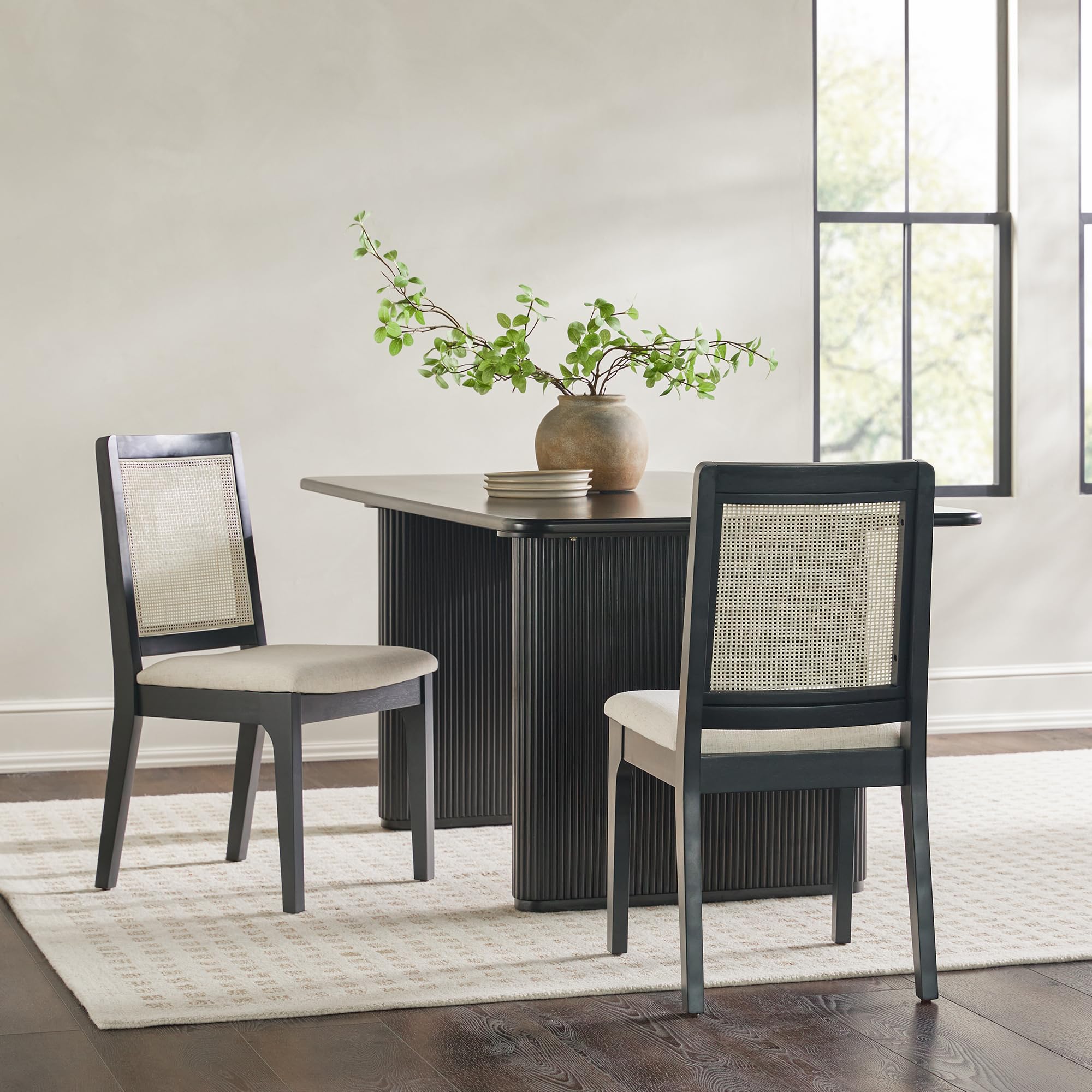 Walker Edison Boho Rattan Back Solid Wood Dining Chair, Set of 2, Black