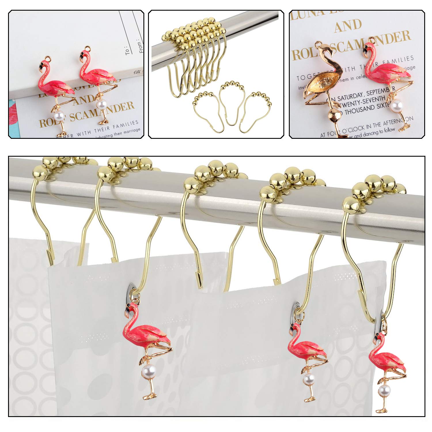 ZILucky Set of 12 Flamingo Shower Curtain Hooks Decorative Home Bathroom Stainless Steel Rustproof Shower Curtain Rings Decor Accessories (Flamingo)