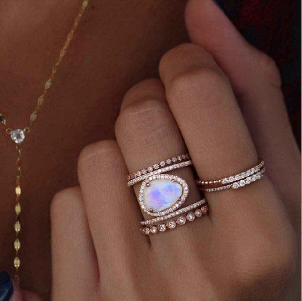 Weishu New Irregular Natural Moonstone Ring Plated in 14k Rose Gold Yellow Gold White Gold Micro-Inset Finger Ring (US Code 10)