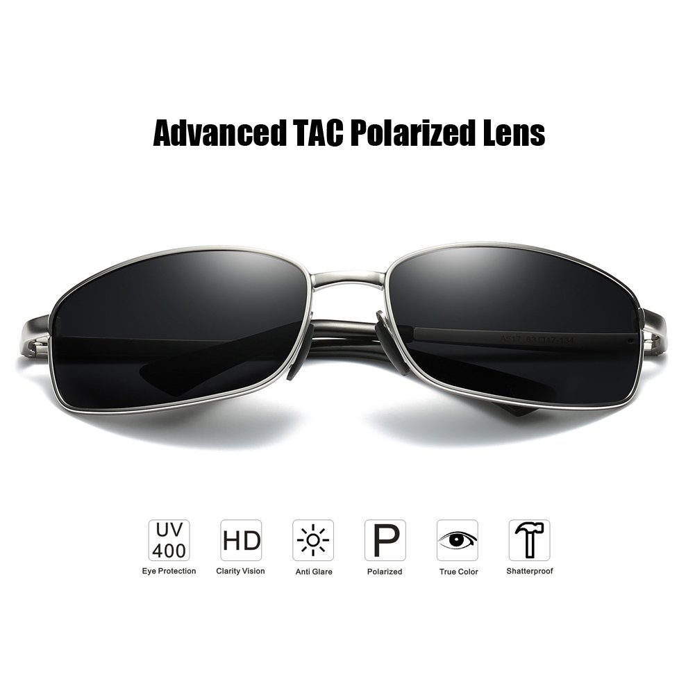 ZHILE Wrap Polarized Sunglasses Rectangular Metal Frame Classic Style Large Size (Silver, Grey)