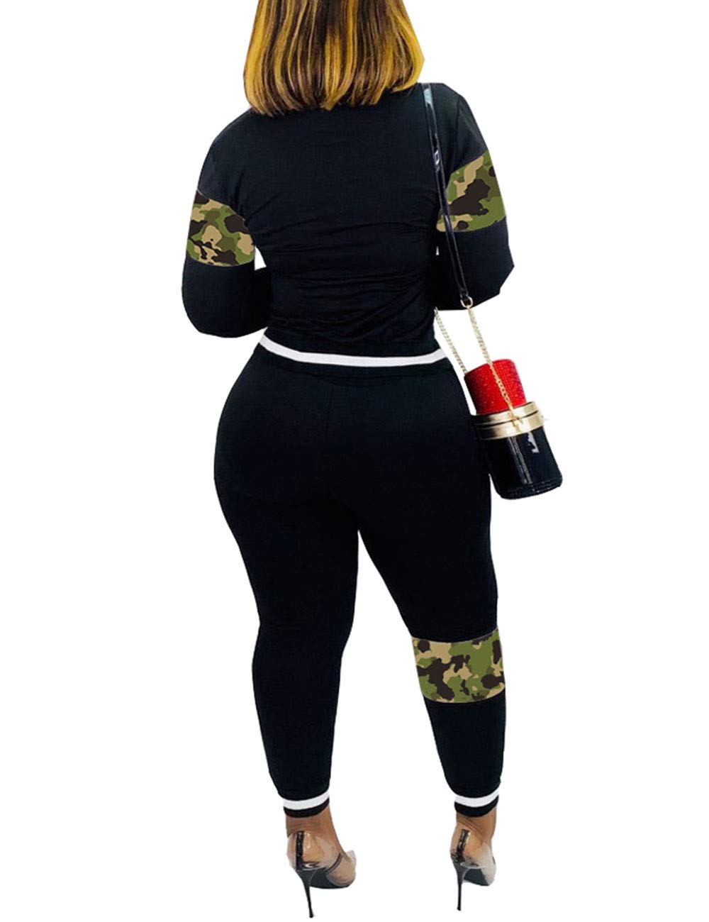 Women Pants 2 Piece Outfits Camouflage Long Sleeve Sweatshirt Top + Bodycon Pant Set Camo-green S