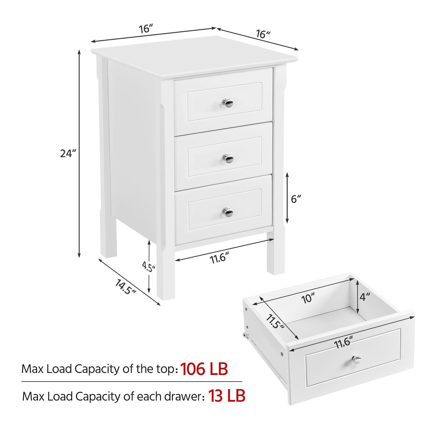 Yaheetech Bedside Table Set of 2, Nightstand with 3 Drawer and Solid Wood Legs, Accent Night Stand with Storage Cabinet for Bedroom and Home Office, 16″ L × 16″ W × 24″ H, White