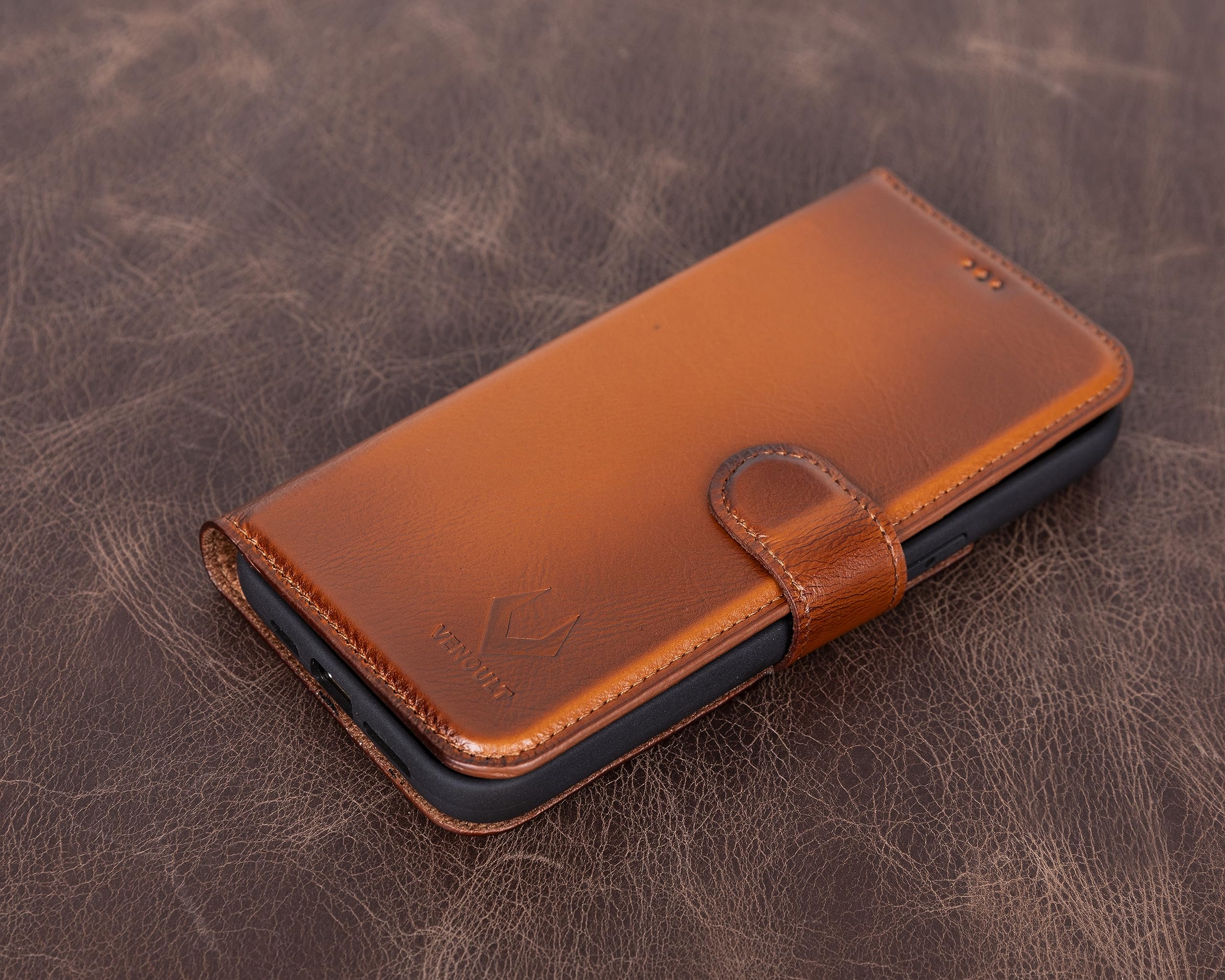 VENOULT Magnetic Detachable Wallet Case for iPhone 15 Pro MAX, Man or Women Folio Cover, Genuine Leather, Compatible with Magsafe Wireless Charge, RFID - Chestnut Brown