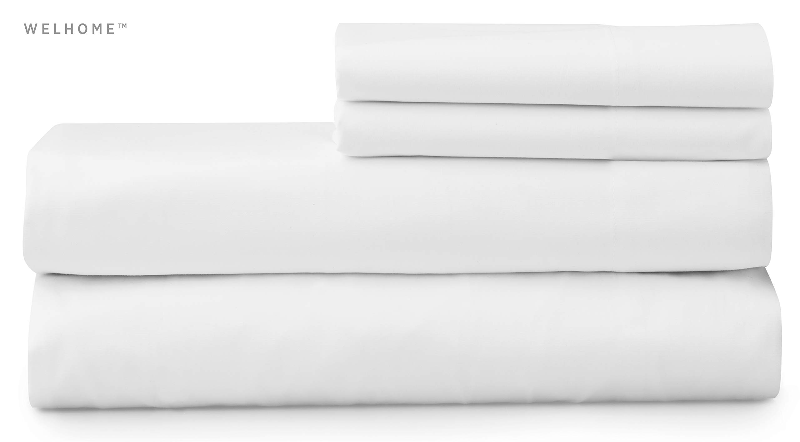 Welhome Soft Finish 100% Cotton Percale Sheet | 4 Piece Set | Queen Size | White | Deep Pocket Fitted Sheet Fits Mattress Upto 18" | Soft & Cool | Breathable | Durable | Easy Fit