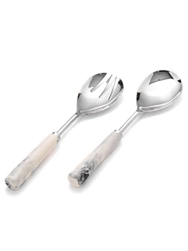 YoTreasure Tiramisu Resin & Stainless Steel Ivory Salad Server Spoon and Fork Set Cooking Utensils for Kitchen