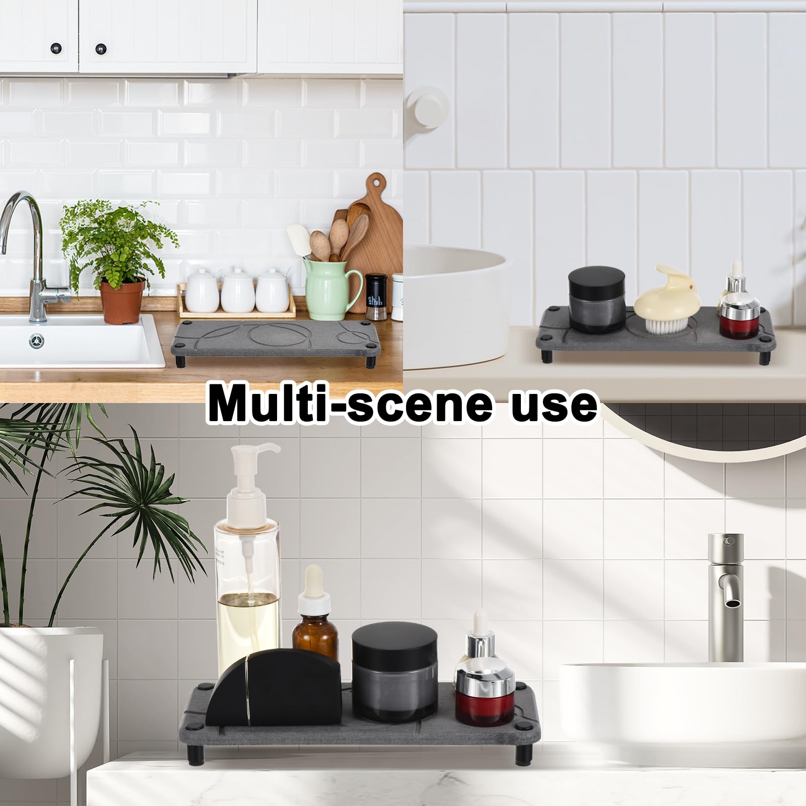 uxcell 2pcs Instant Dry Sink Organizer, Fast Drying Stone Sink Tray, Water Absorbing Stone Tray with Stainless Steel Feet for Bathroom Organization Grey
