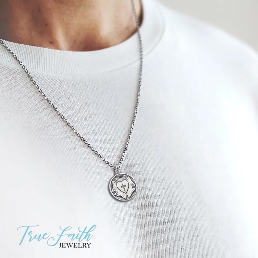 TrueFaithJewelry Sterling Silver Luther's Rose Lutheran Cross Medal Pendant Necklace, 3/4 Inch