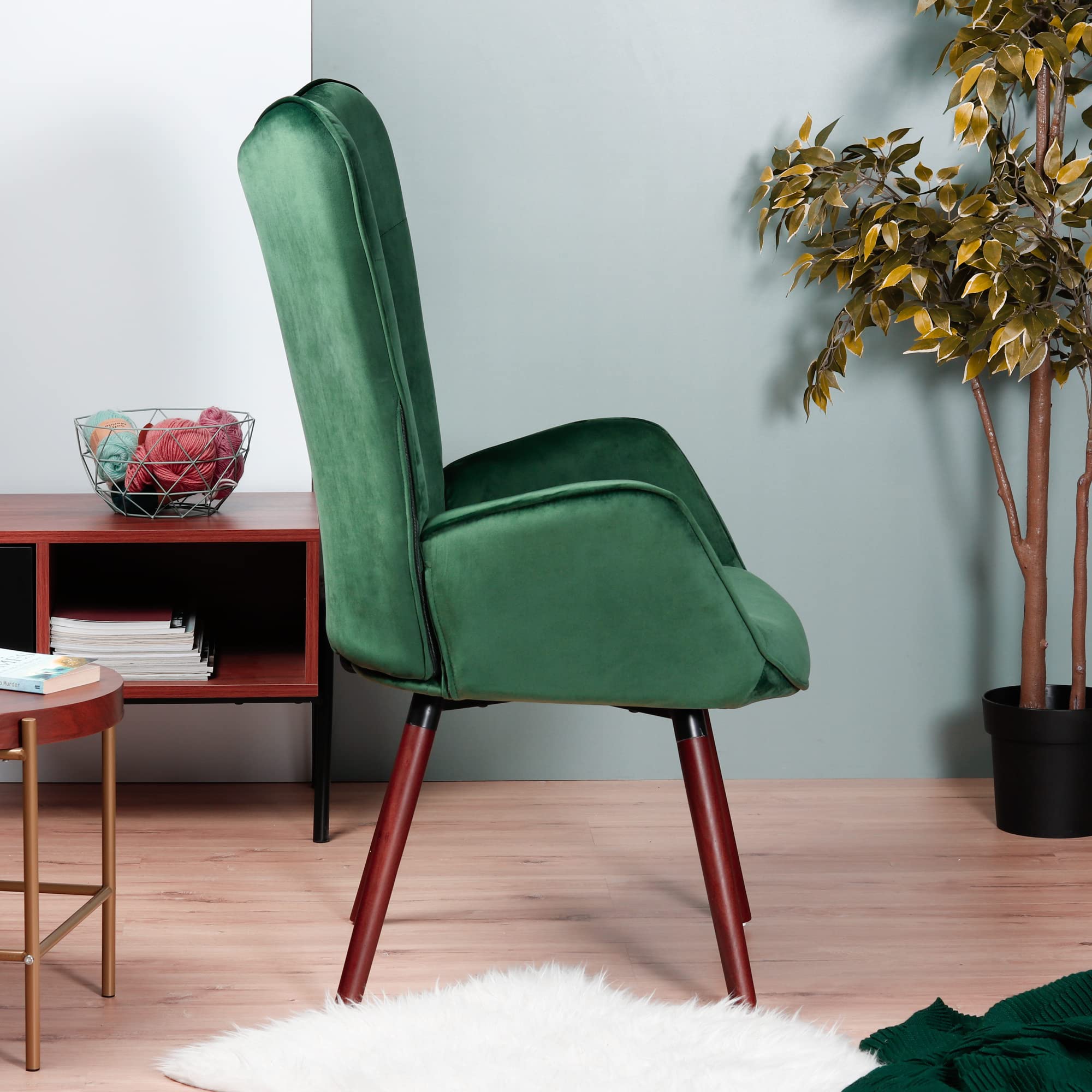 Velvet Accent Chair, Upholstered High Backrest Arm Chair with Modern Button-Tufted Wingback and Solid Wood Legs for Living Room Bedroom Lounge, Dark Green