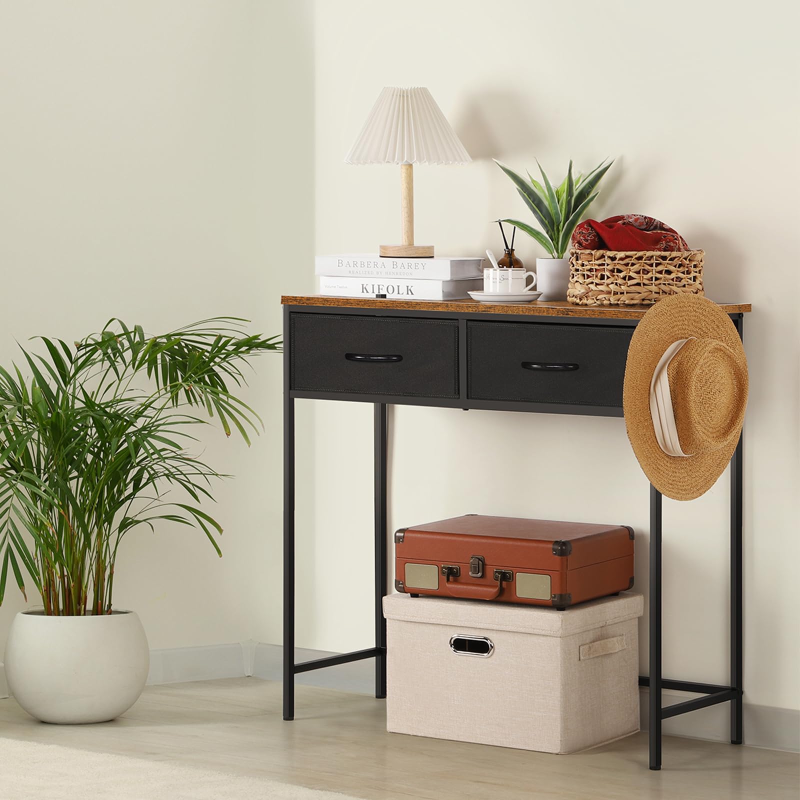 YBING Small Entryway Table, Narrow Console Table with Drawers, Sofa Table with Hook, Narrow Hallway Table for Living Room, Bedroom, Couch, Foyer, Industrial, Brown and Black
