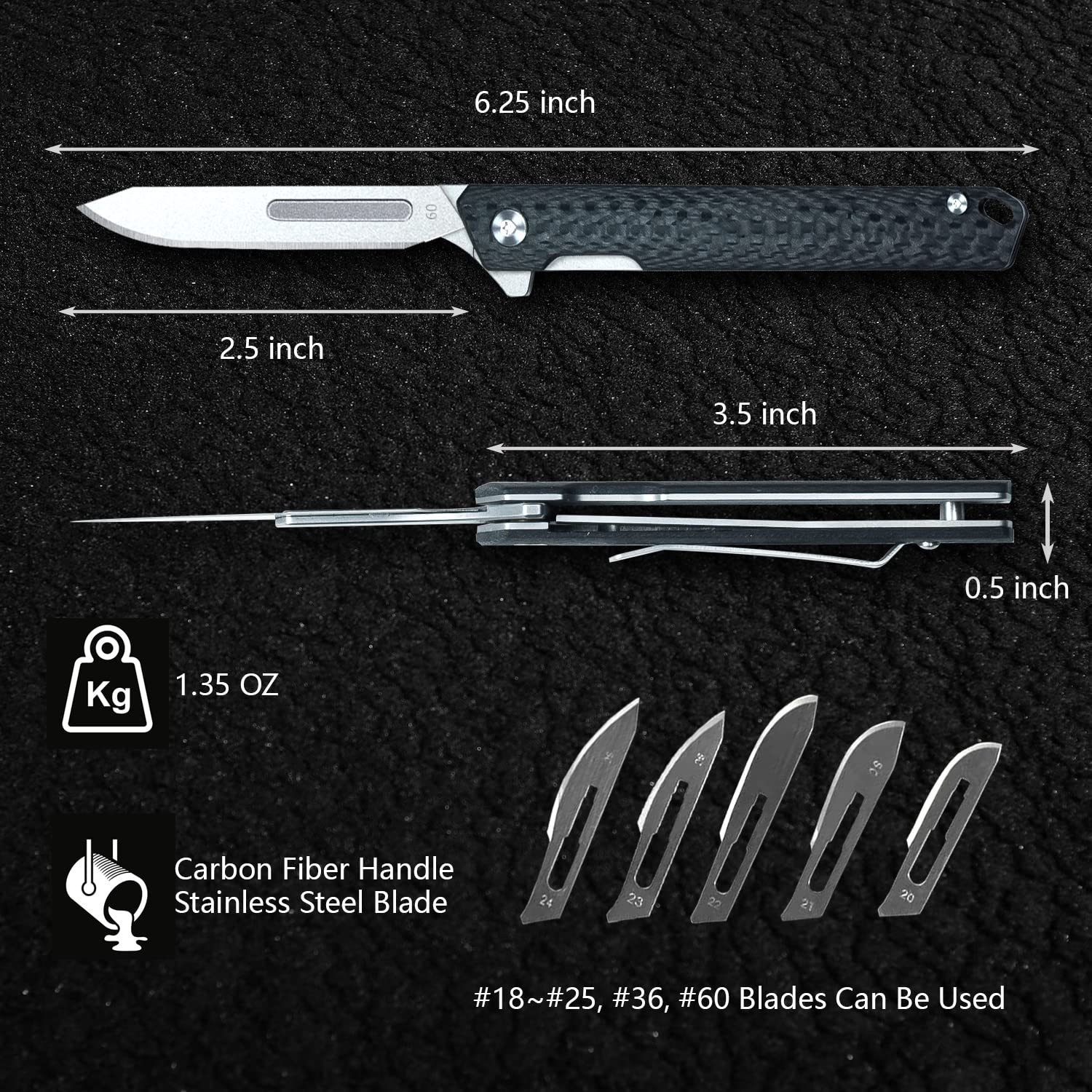 UNIQTINT Carbon Fiber Handle Folding Pocket Knife, Slim Flipper EDC Knife with 10pcs #60 Replaceable Blade, Artwork Knife with Liner Lock and Pocket Clip, 1.35oz Lightweight
