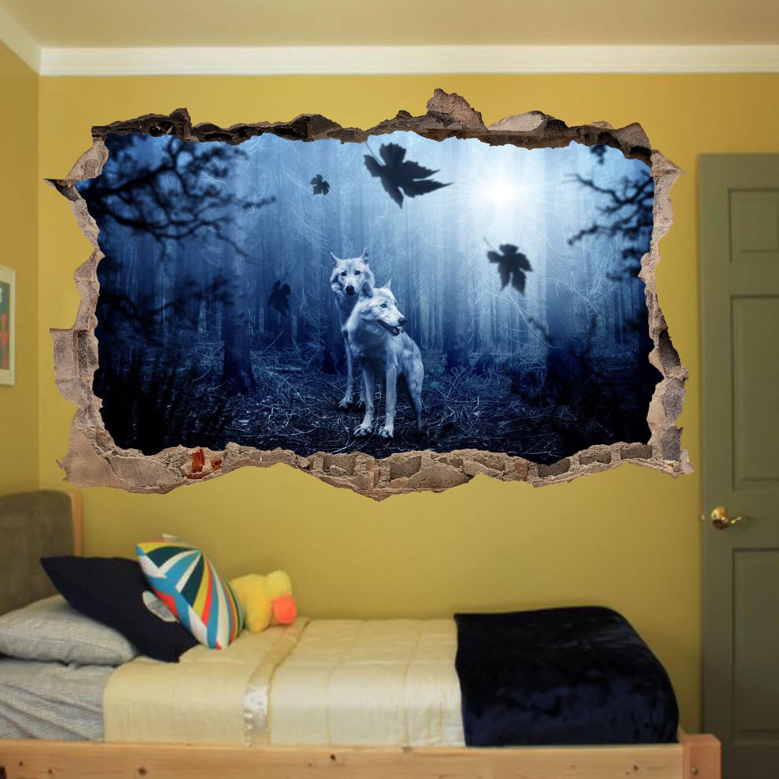 Wall Decal Art Wall Tattoo 3D Smashed Wild Night Dark Wolves Wall Sticker 3D Art Poster Decal Mural Decor 55x80cm