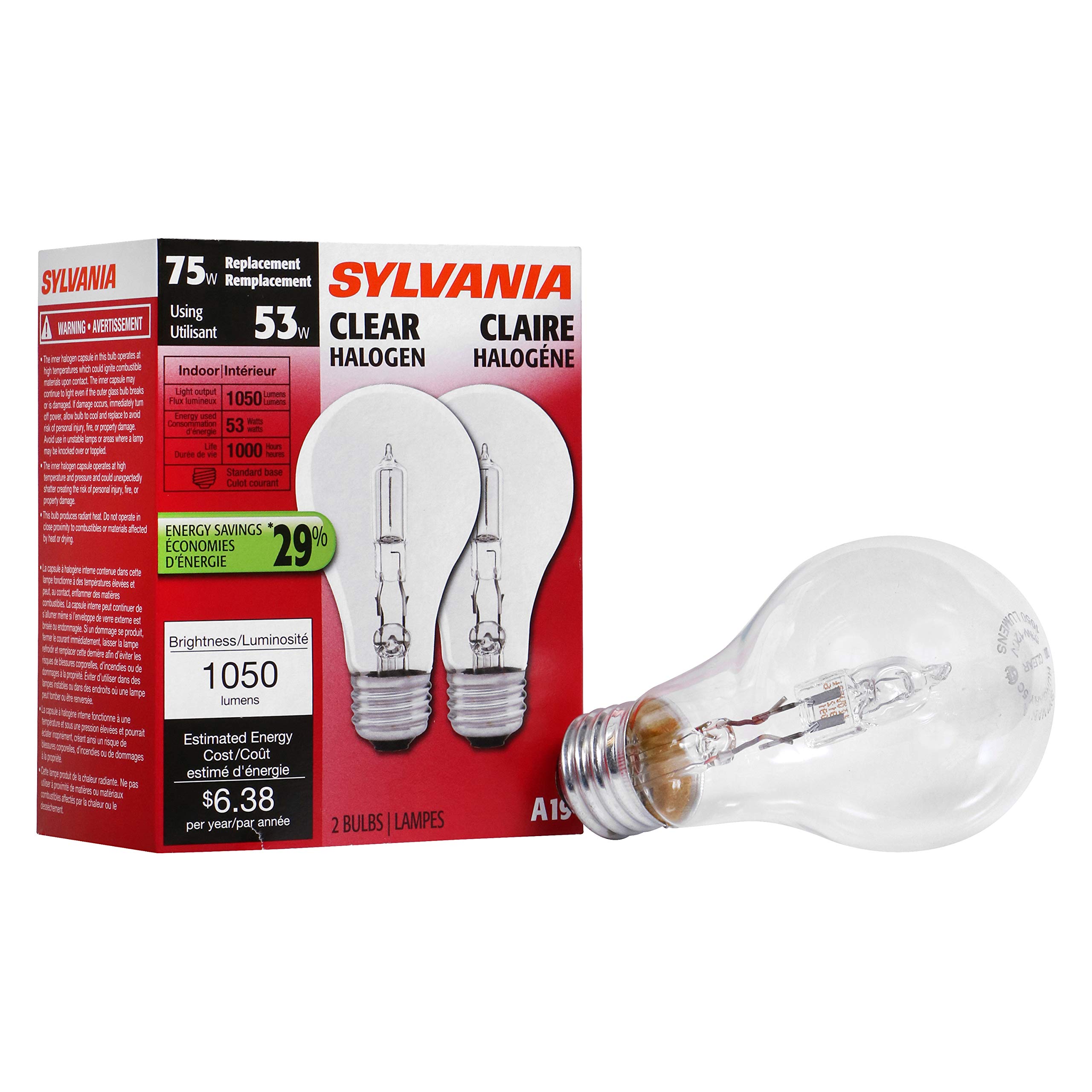 SYLVANIA Halogen A19 75W Replacement Light Bulb, E26 Medium Base, 1050 Lumens, 2950K Natural White, 100 CRI, Clear Finish - 2 Pack (52555)