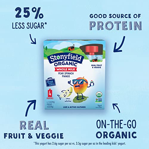 Stonyfield Organic Kids Whole Milk Yogurt Pouches 3.5 oz. Each Ct – Real Fruit Veggie, Pear Spinach Mango, (Pack of 4)