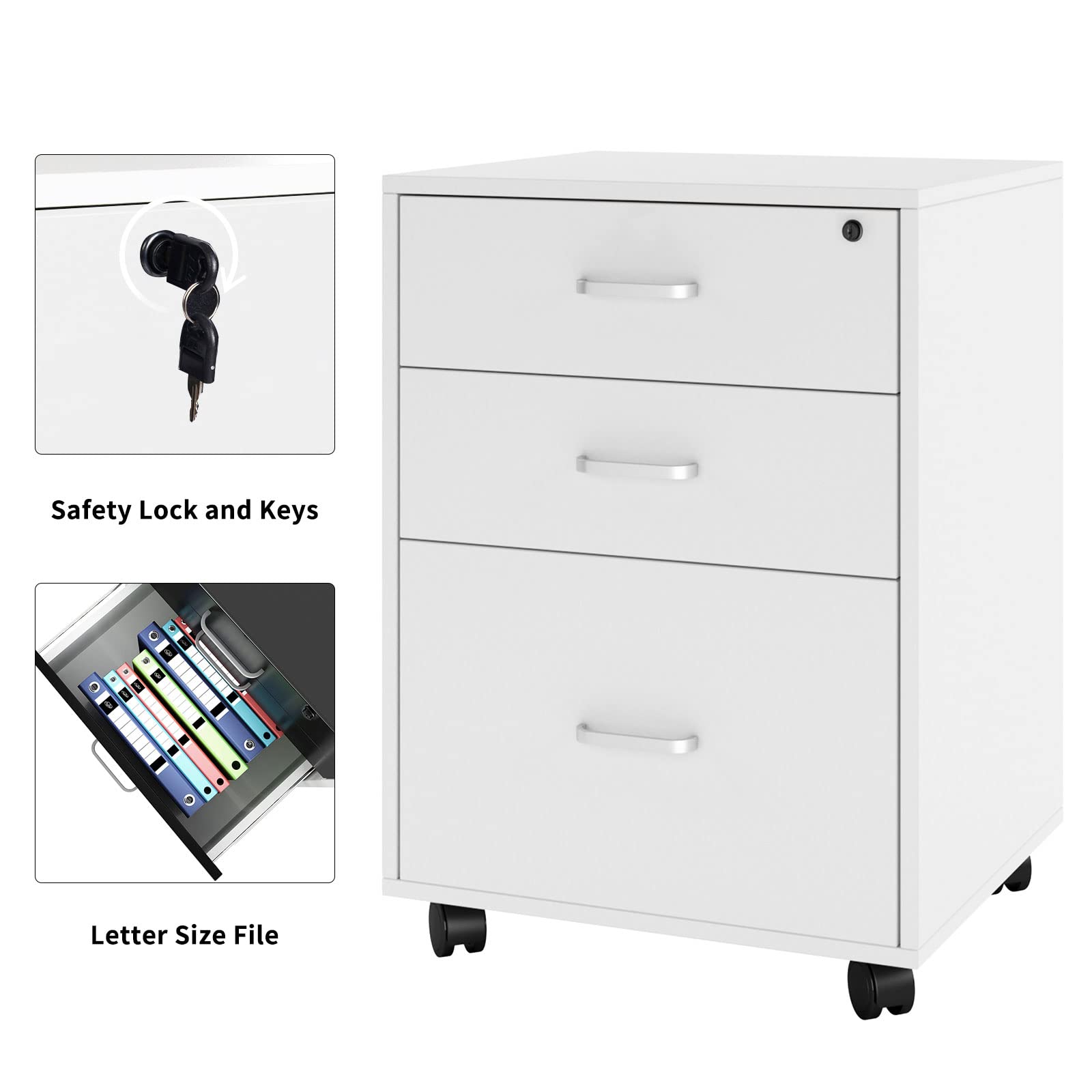 soges 3 Drawer Mobile File Cabinet, Rolling Filing Cabinet, Office Pedestal File Cabinet,Modern Under Desk Storage Cabinet 10CZSSFC04WT