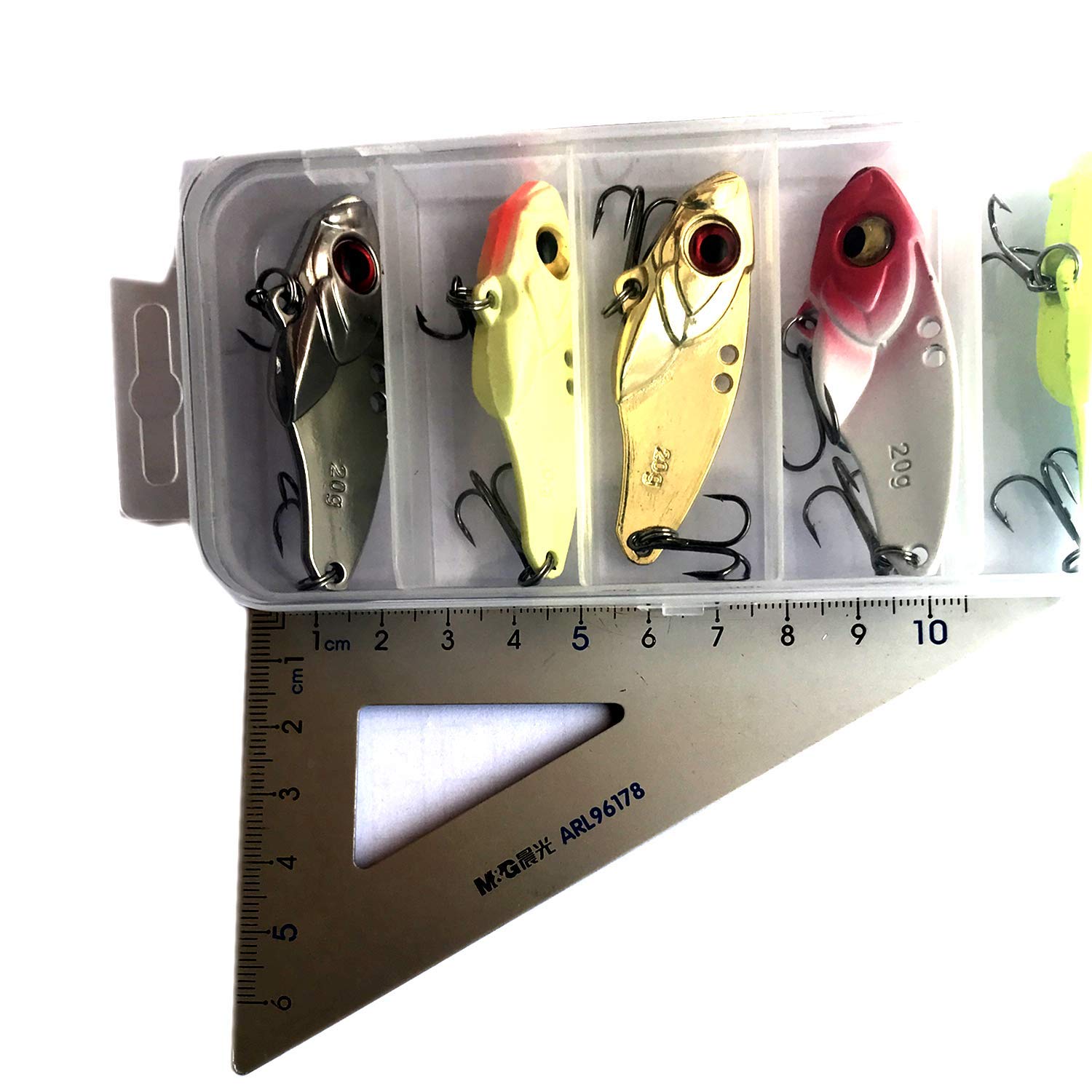 YTTDA Fishing Lures Set with Box Spinner Baits, 5 Packs Lure Baits, Trout Lures, Metal Spinner Baits Kit with 3D Eyes Design to Create Life-Like Swimming Actions (5pcs 10g Set)