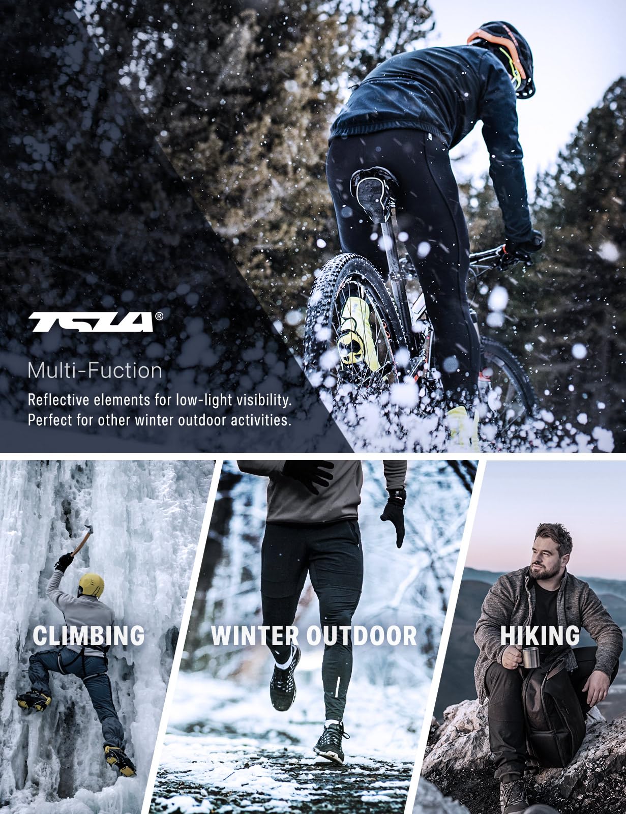 TSLA Men's Thermal Windproof Cycling Pants, Fleece Lined Outdoor Bike Pants, Winter Cold Weather Running Pants, Cycling Pants Black & Grey, Medium