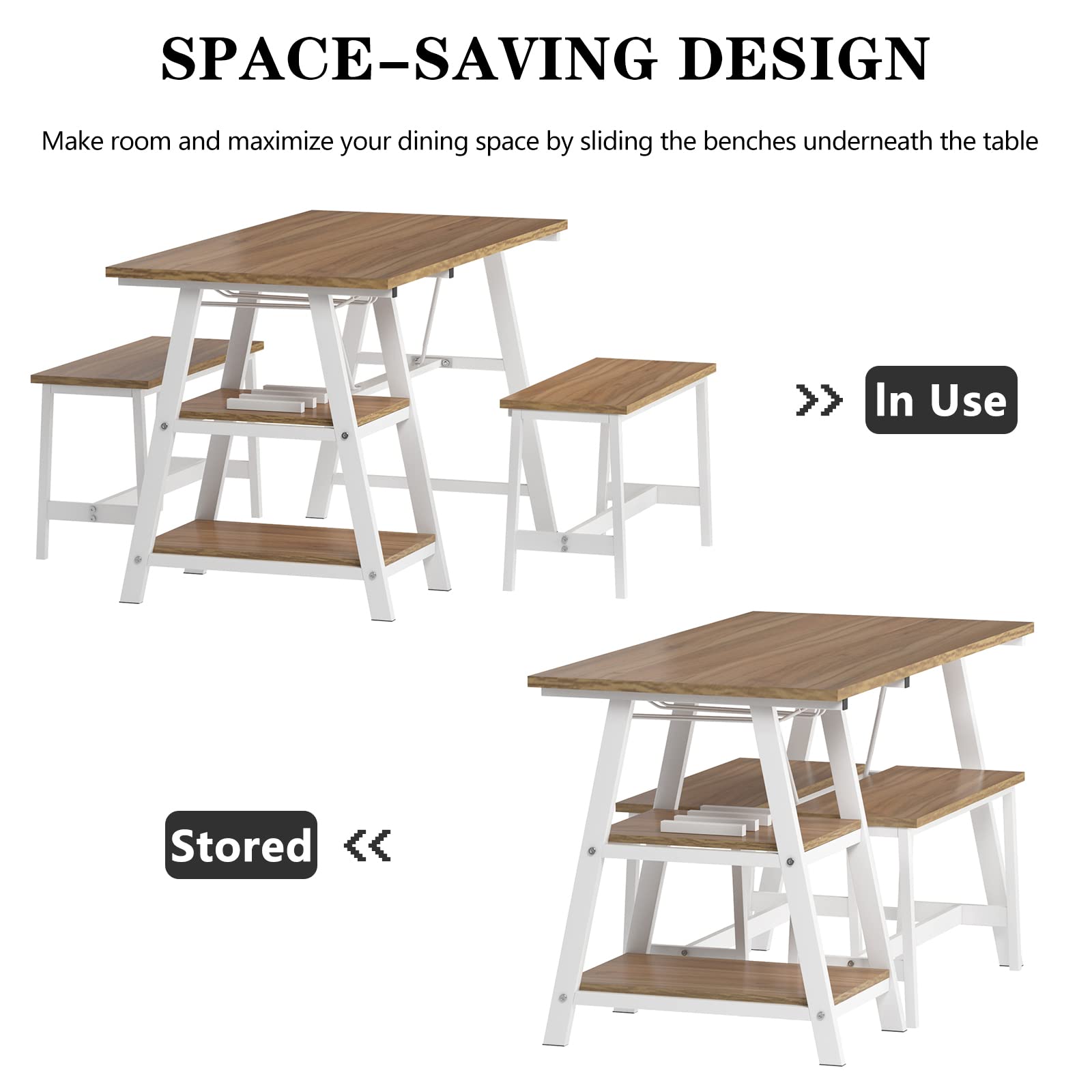 soges 3 Pieces Kitchen Dining Table Set for 4, Breakfast Table Set with 2 Benches, Wooden Dinette with Wine Shelf and Glass Holder, Oak 10CZWKDS03OK120