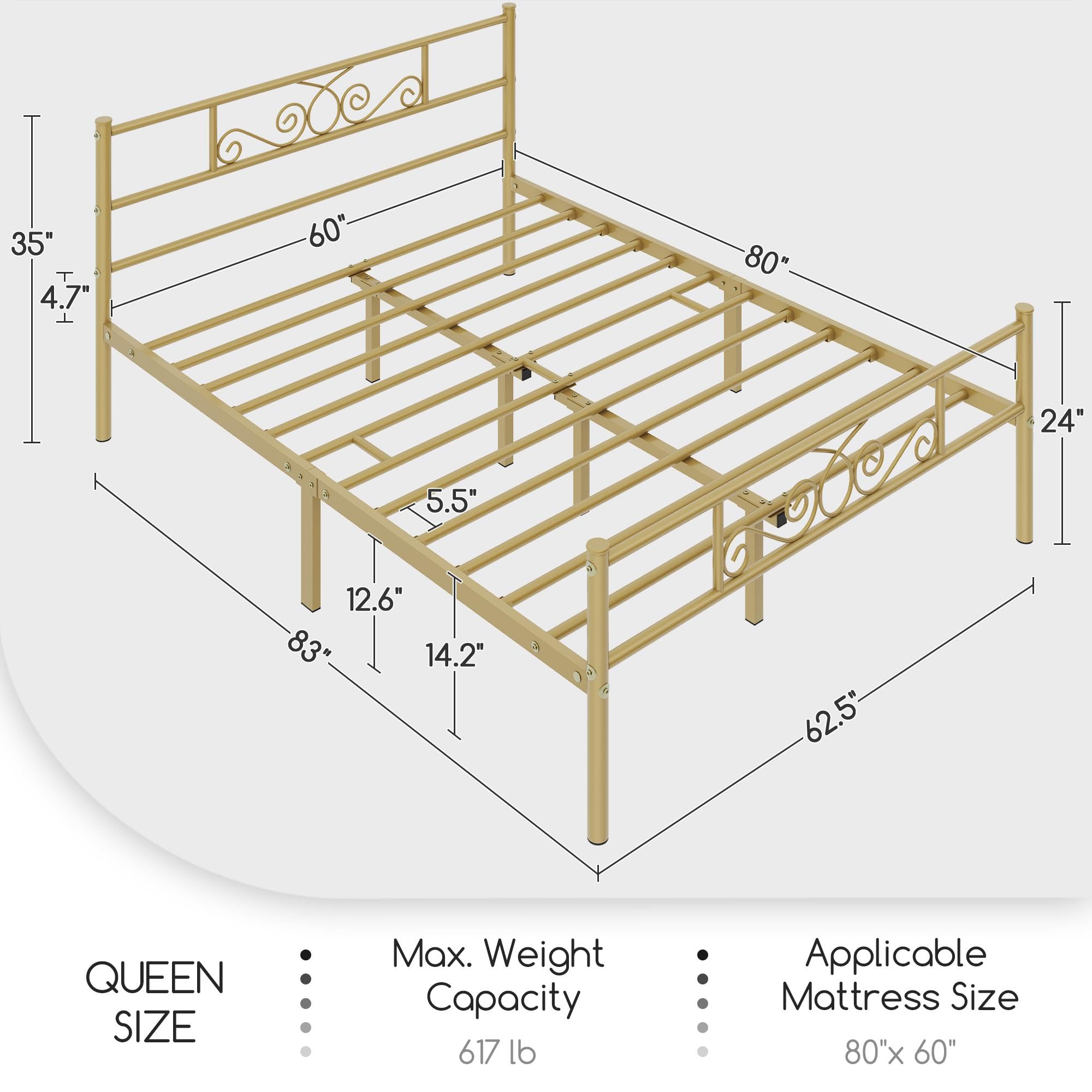 Yaheetech Queen Bed Frames Metal Bed Frame with Headboard and Footboard Heavy Duty Mattress Foundation/No Box Spring Needed/Underbed Storage Space/Graceful Scroll/Ground Clearance: 12.6’’/Antique Gold