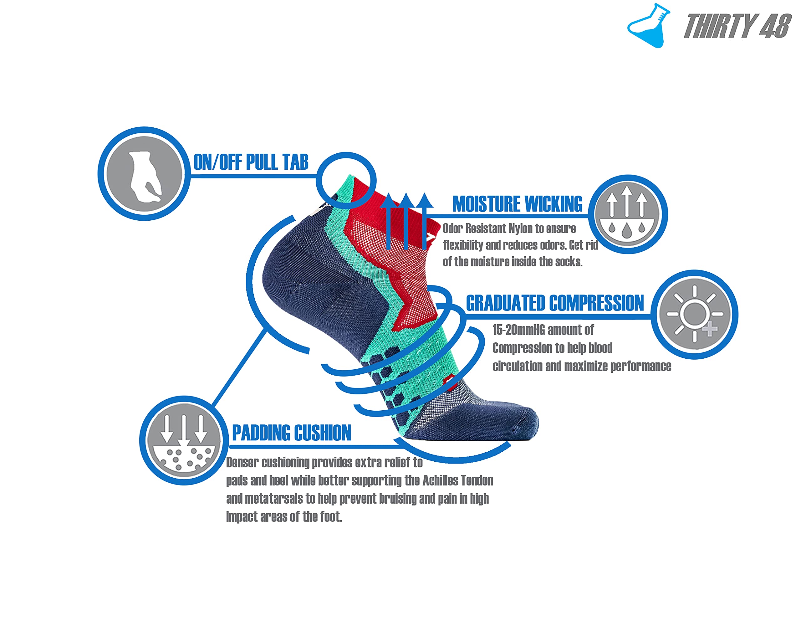 Thirty48 Performance Compression Low Cut Running Socks for Men and Women | More Compression Where Needed ([3 Pair] Red/Blue, Medium - Women 7-8.5 // Men 8-9.5)
