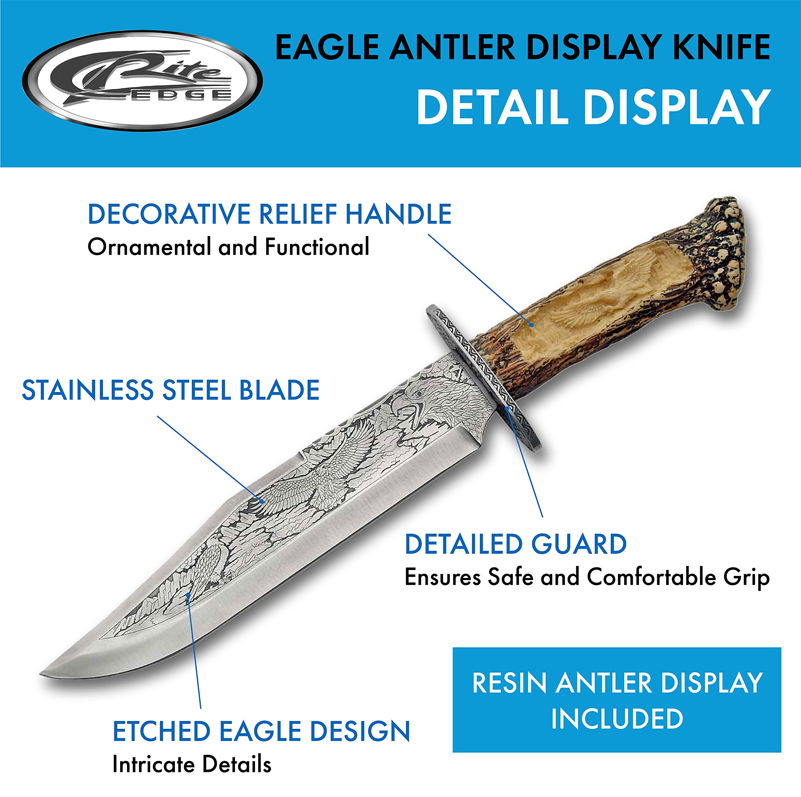 Szco Supplies 15" Etched Blade Bear Outdoor Hunting Knife With Resin Antler Display Stand, Brown