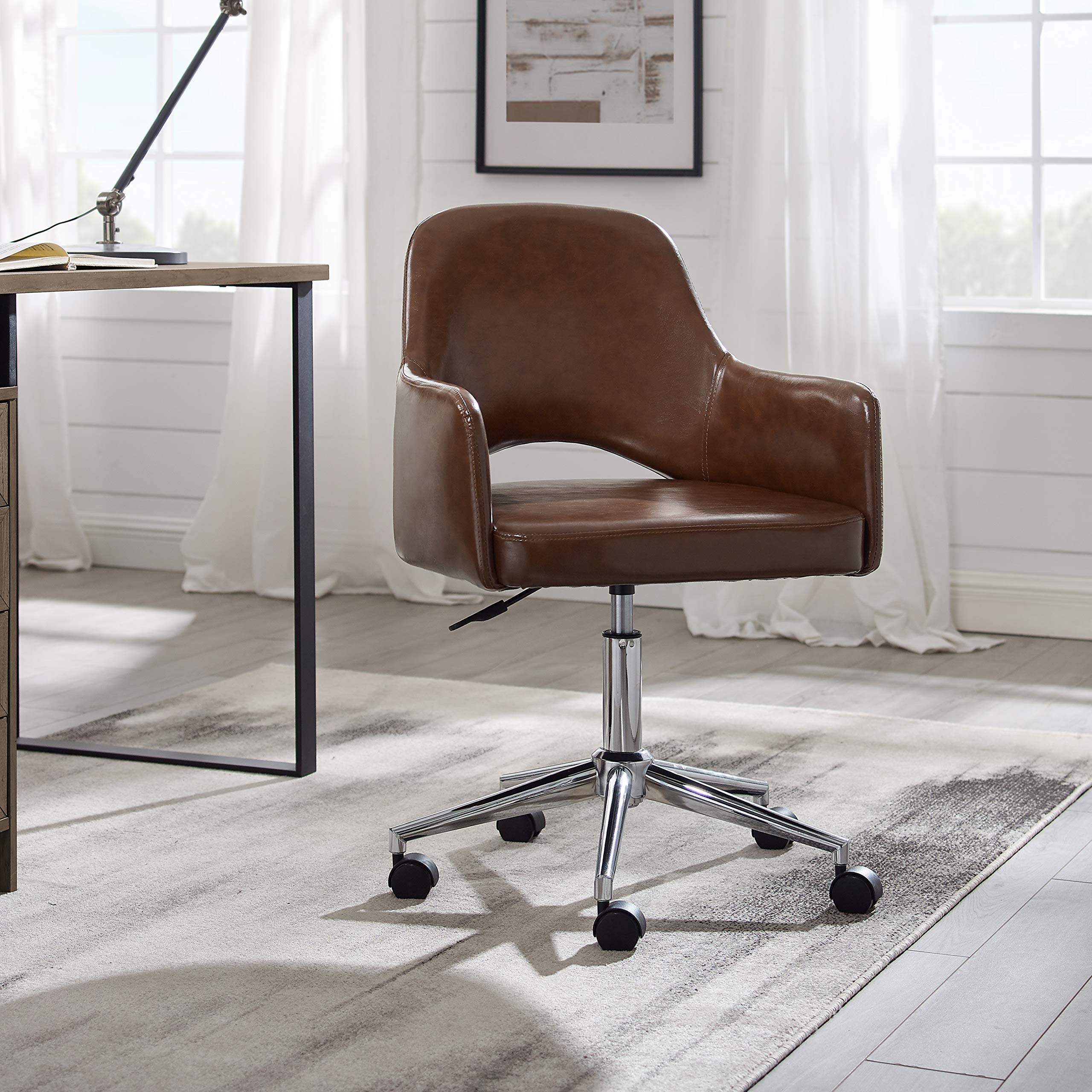 Volans Mid Back Faux Leather Swivel Office Chair with Wheels, Modern Open Backrest Height Adjustable Computer Desk Chair, Cognac