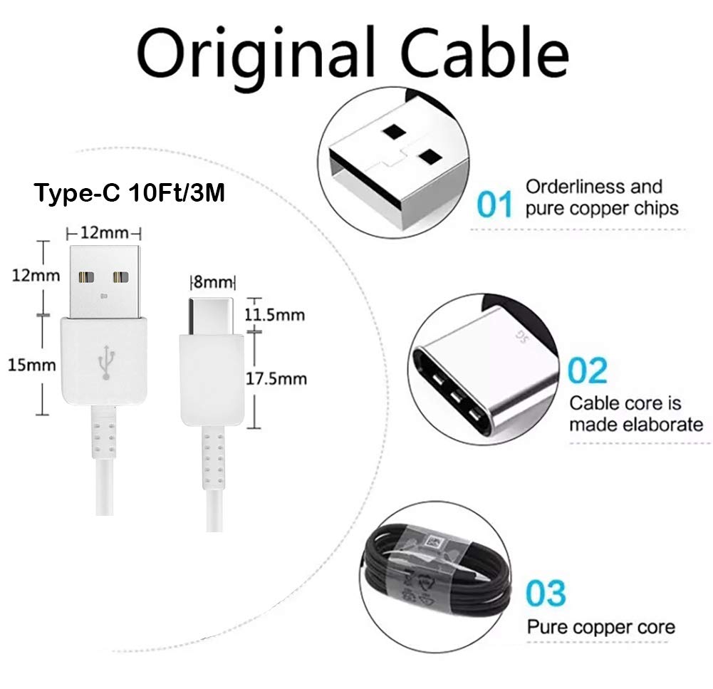 Works by VOLT PLUS TECH Original 10ft USB-C Cable Compatible with Your Sony WF-1000XM3 with Fast Charging and Data Transfer. (White 3M)