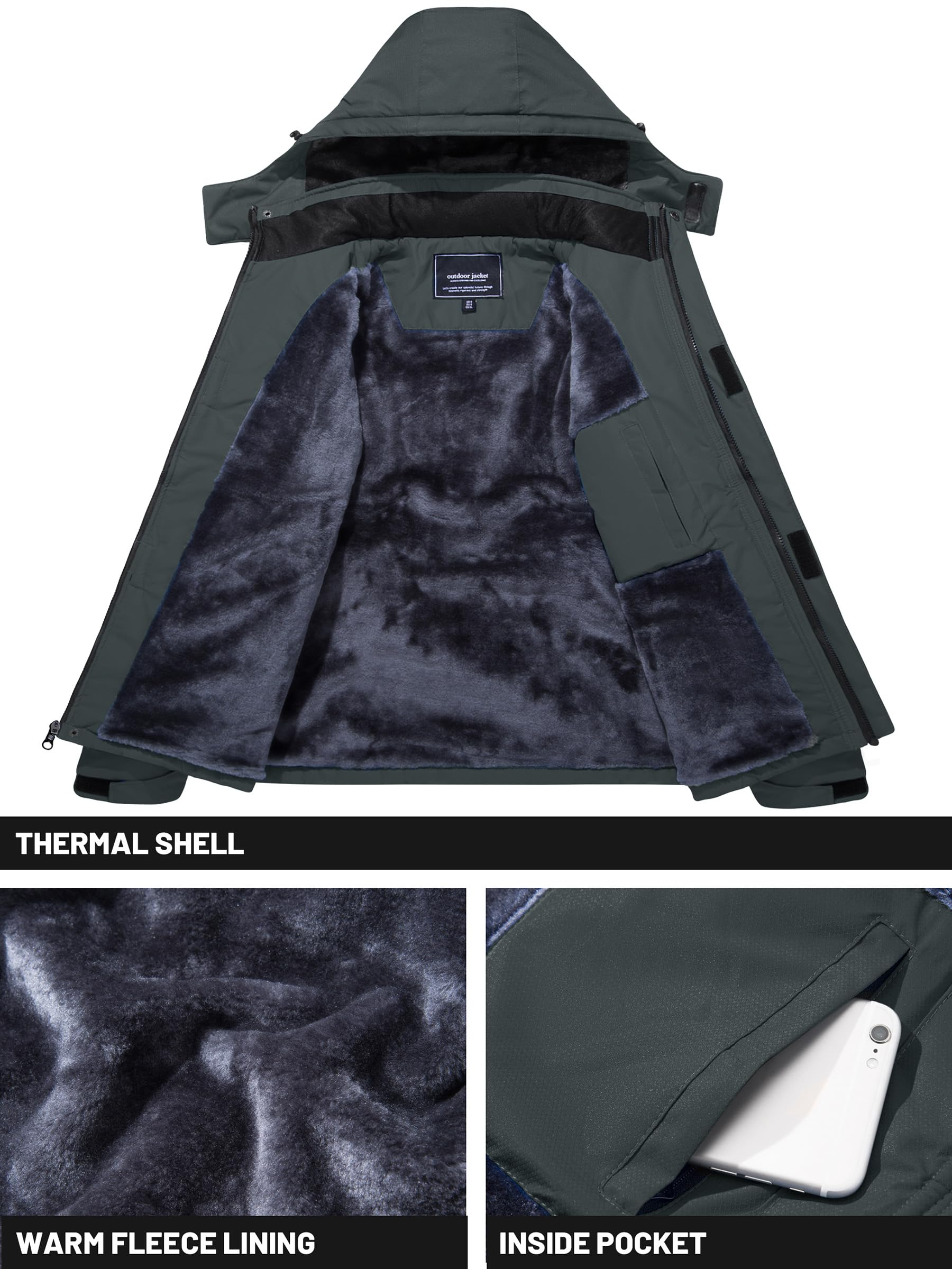 TACVASEN Rain Coat Mens Winter Warm Jacket Fleece Waterproof Jakcet Ski Snow Coats for Men Insulated Softshell Jacket