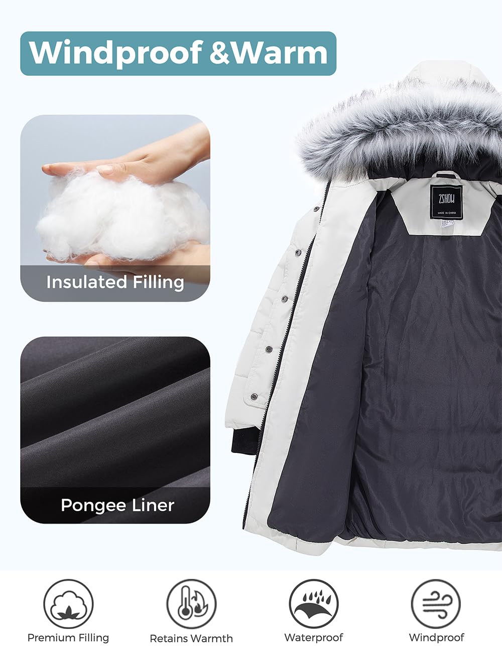 ZSHOW Girls' Hooded Winter Coat Warm Thicken Quilted Puffer Jacket Mid-Length Parka(Creamy White,8)