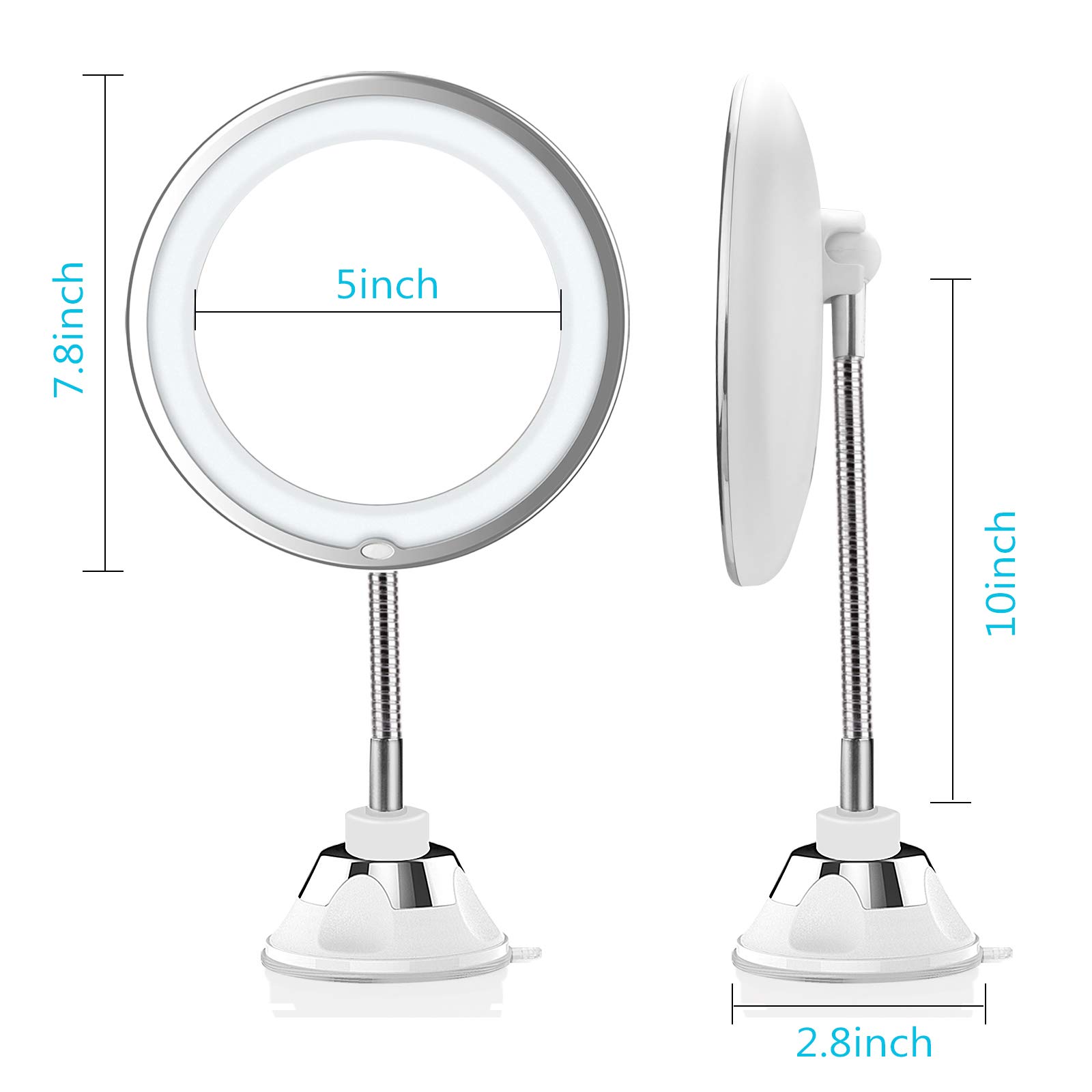 Ursulan 5X Magnifying Makeup Mirror Adjustable Flexible Gooseneck LED Light Bathroom Vanity Mirror with Glue Pad Suction Cup 360 Degree Swivel Perfect for Wall Mounted