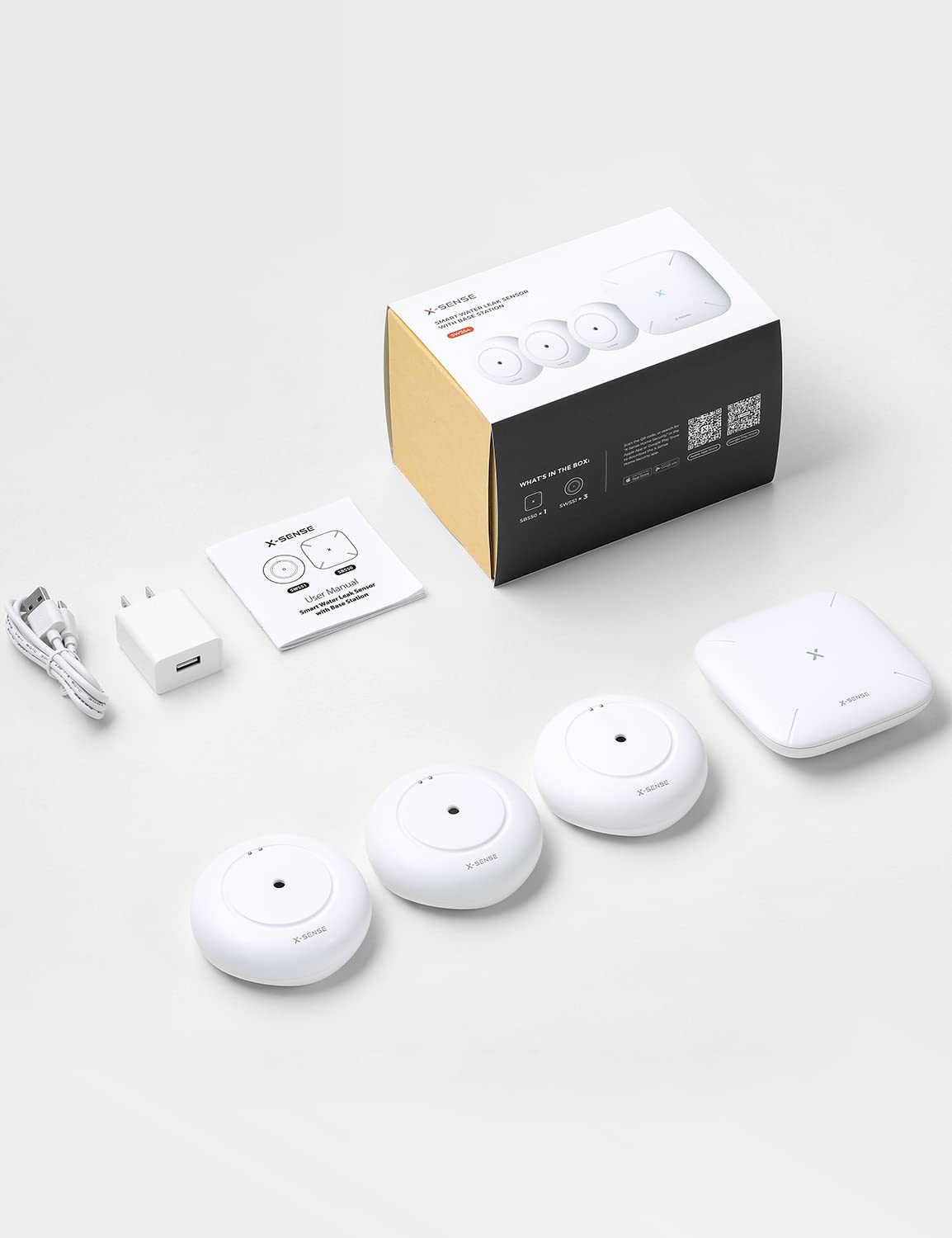 X-Sense Wi-Fi Water Leak Detector, Smart Water Sensor Alarm, Water Detector Alarm with 1700 ft Transmission Range for Kitchens, Basements, Bathrooms, 3 Water Detectors & 1 Base Station, Model SWS54