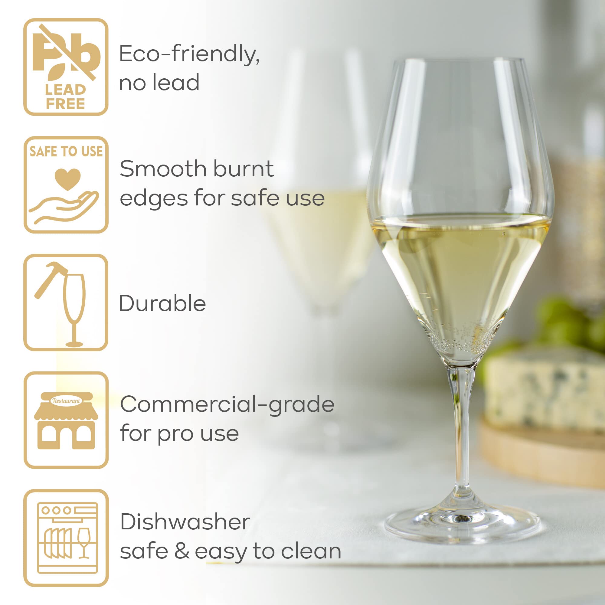 White Wine Glasses Set of 6, 16 oz, Modern Elegant, True Czech Lead-free Durable Crystal Wine Glass