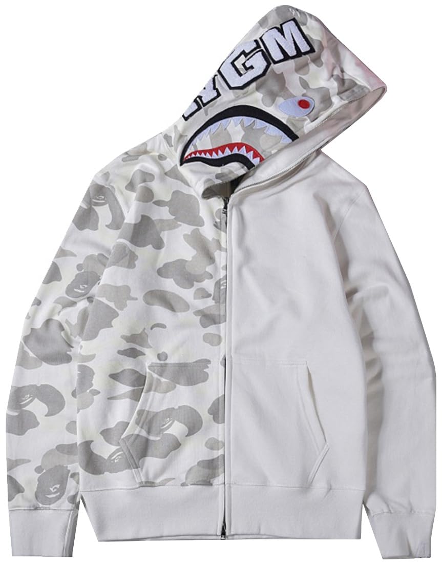 WINKEEY Boy's Hoodie Shark Head Fleece Long Sleeve Pullover Full Zipper Camouflage Sweatshirt (L,Bbhu)