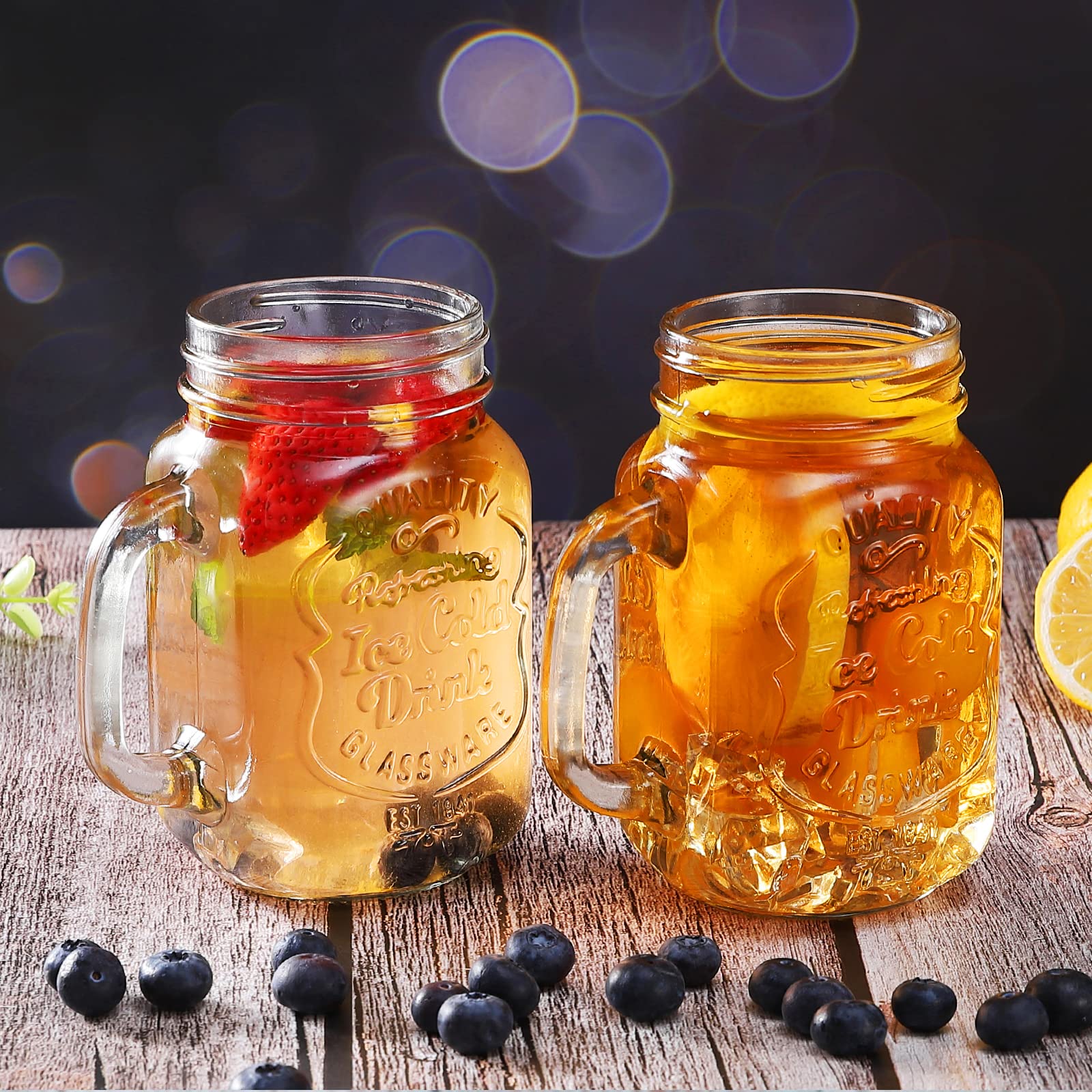 YSJILIDE Smoothie Cup with Lid and Straw, Iced Coffee Cup Reusable, Mason Jar Cups, Mason Jar Drinking Glasses for Juice Coffee Milkshake, Mason Jars with Handle Set of 2 (WHTIE)