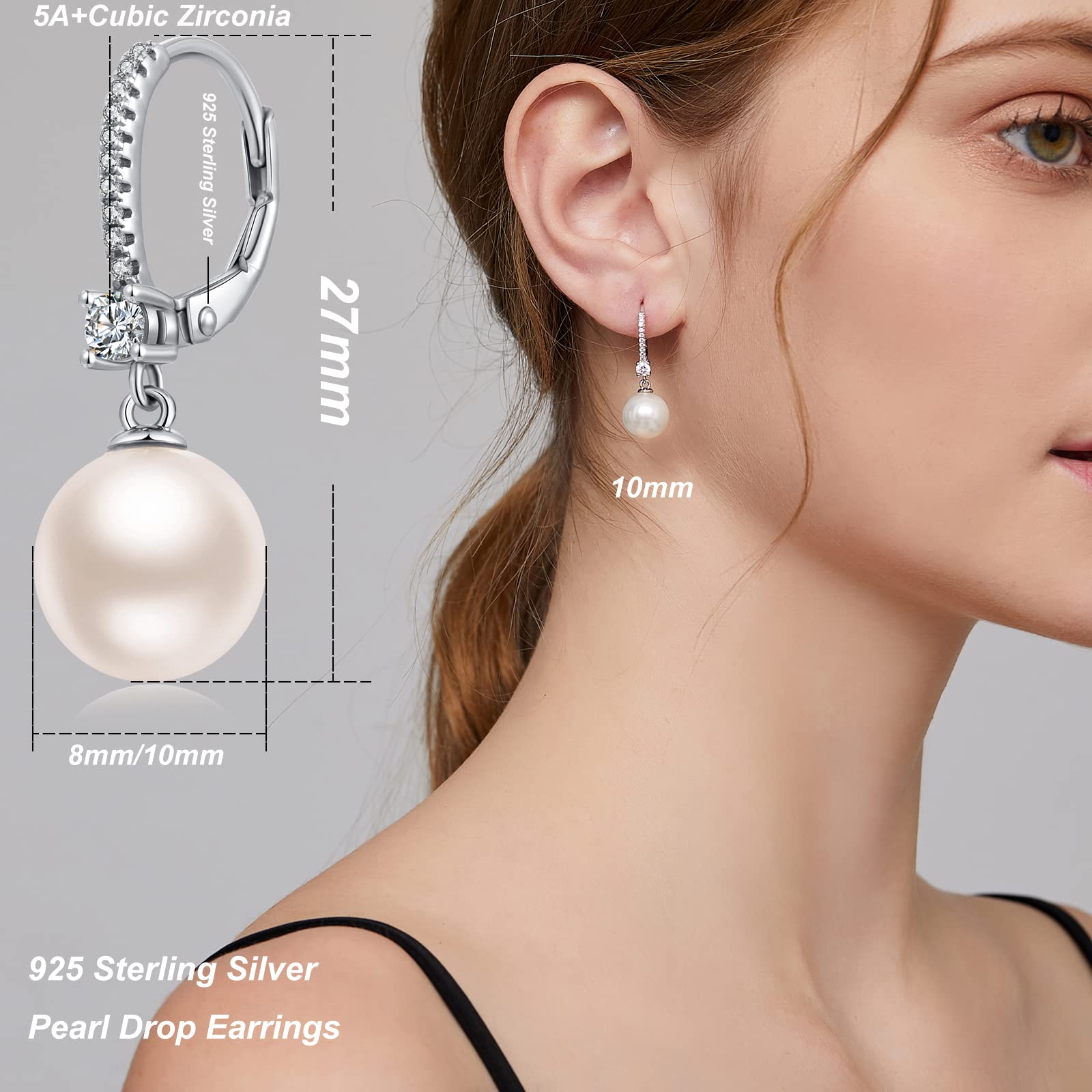 ZowBinBin 925 Sterling Silver 10mm Pearl Earrings, Beautiful Black Pearl Earrings, White Pearl Dangle Earrings Hypoallergenic Drop Pearl Earrings C: Pearl Dangle Earrings 8mm