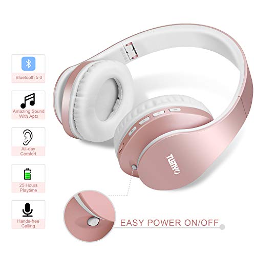 TUINYO Wireless Headphones Over Ear, Bluetooth Headphones with Microphone, Foldable Stereo Wireless Headset-Rose Gold