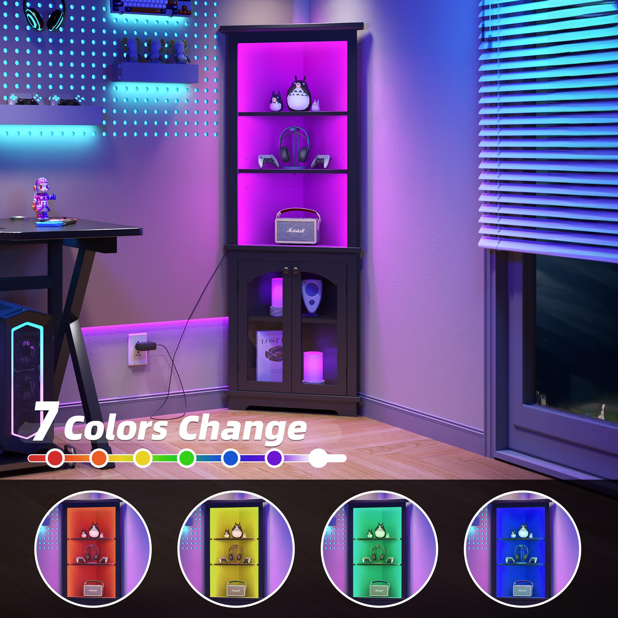 YITAHOME Corner Storage Cabinet with LED Light 64" Tall Bathroom Cabinet Storage, RGB Lights Corner Cabinet with Doors and Adjustable Shelves for Living Room, Bedroom, Bathroom, Office, Black