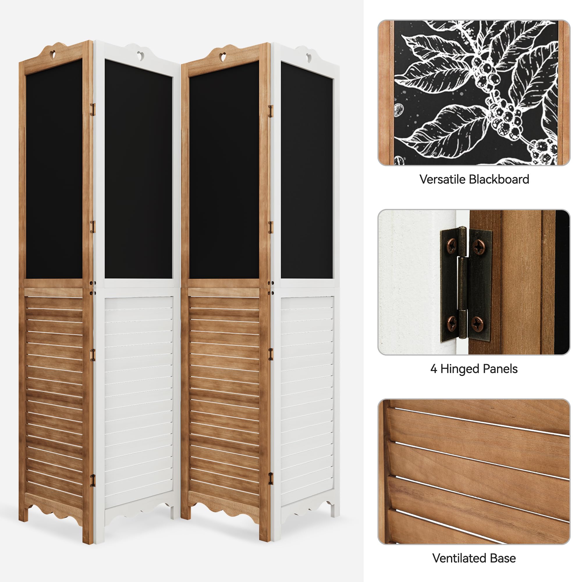 YITAHOME 5.6FT Wood Room Divider 4 Panel Folding Privacy Screens with Chalkboard, Standalone Portable Wall Divider Room Partition for Bedroom, Study, Hotel, Office